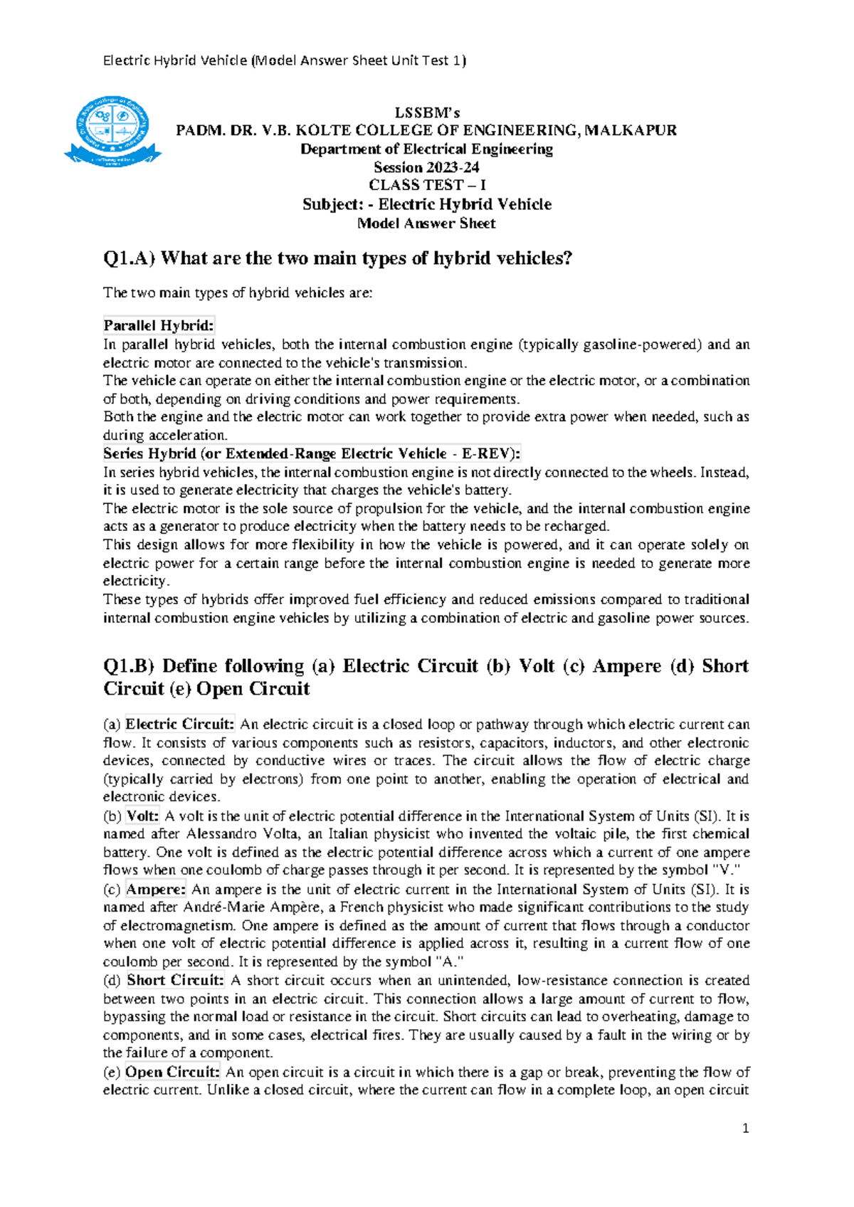 EHV Model Answer Sheet - LSSBM’s PADM. DR. V. KOLTE COLLEGE OF ...