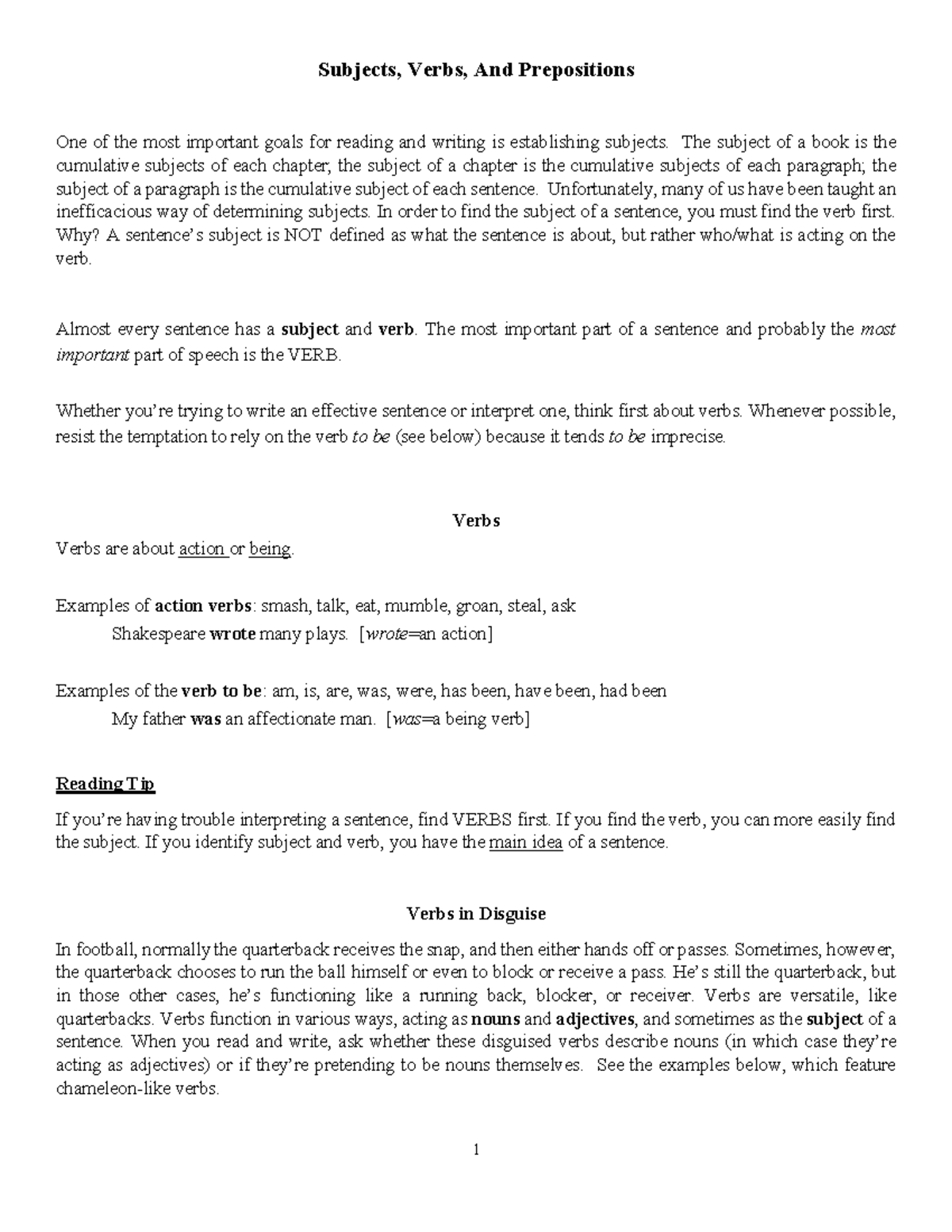 Subjects-verbs-prepositions - Subjects, Verbs, And Prepositions One of ...