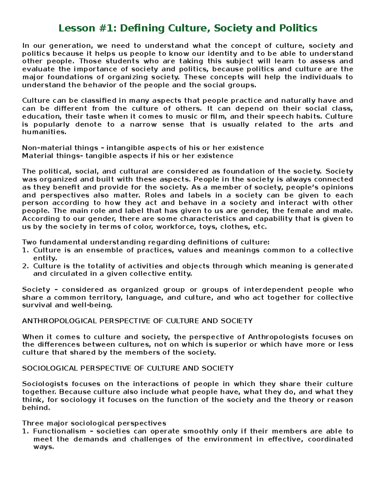 UCSP - HANDOUT WEEK 1 LESSON - Lesson #1: Defining Culture, Society and ...