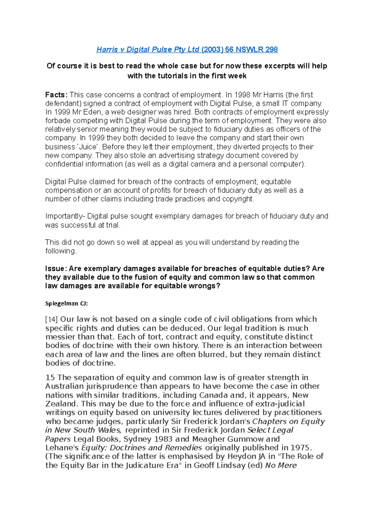 Week 1 Case Harris v Digital Pulse - Harris v Digital Pulse Pty Ltd ...