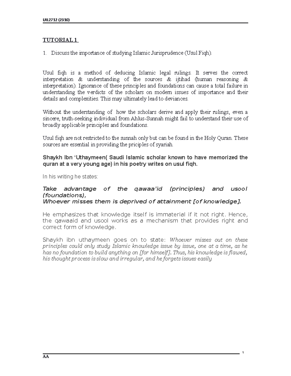 1 - Tutorial works with answer and questions - UIL2712 (2310) TUTORIAL 1 1. Discuss the ...