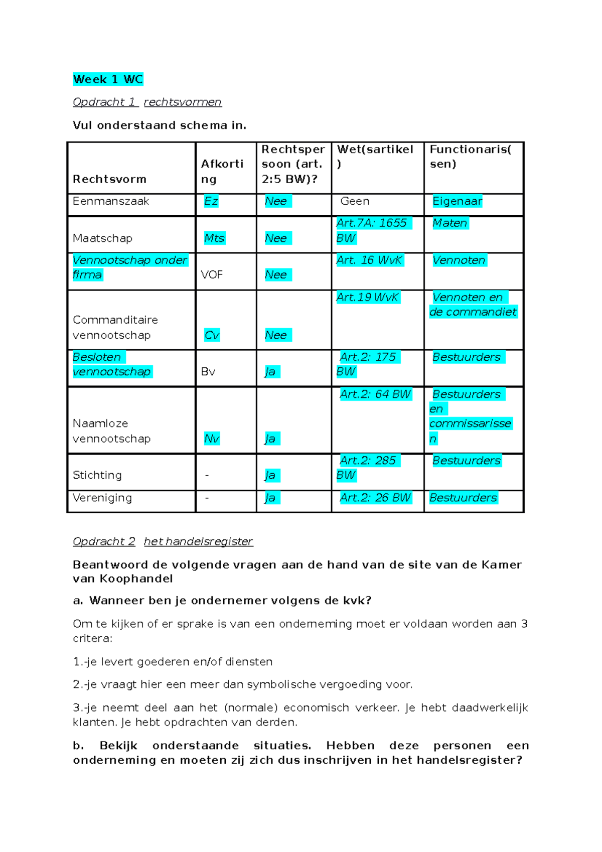 WC ondernemingsrecht - Week 1 WC Opdracht 1 rechtsvormen Vul ...