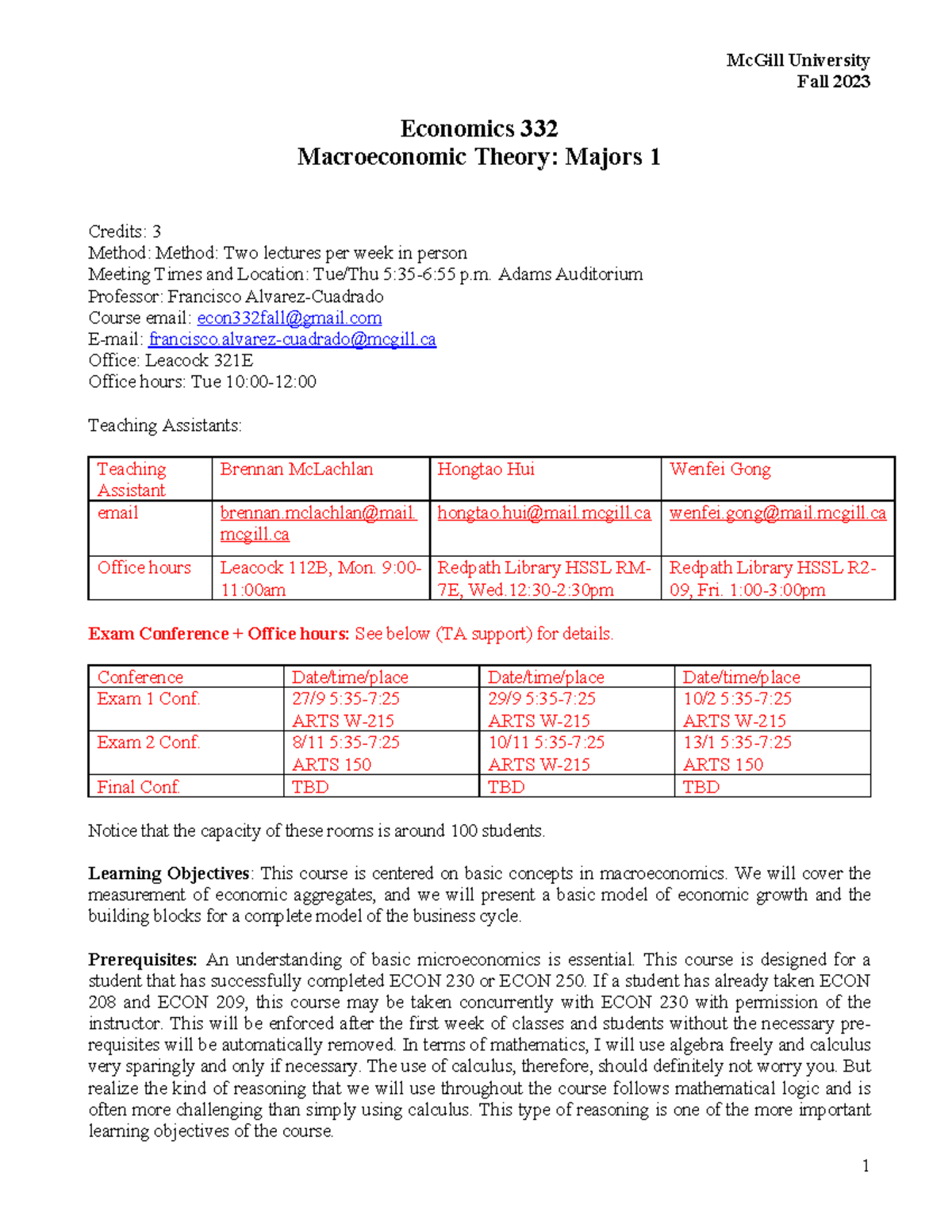 Syllabus 332 Fall 2023 - McGill University Fall 20 23 Economics 332 ...