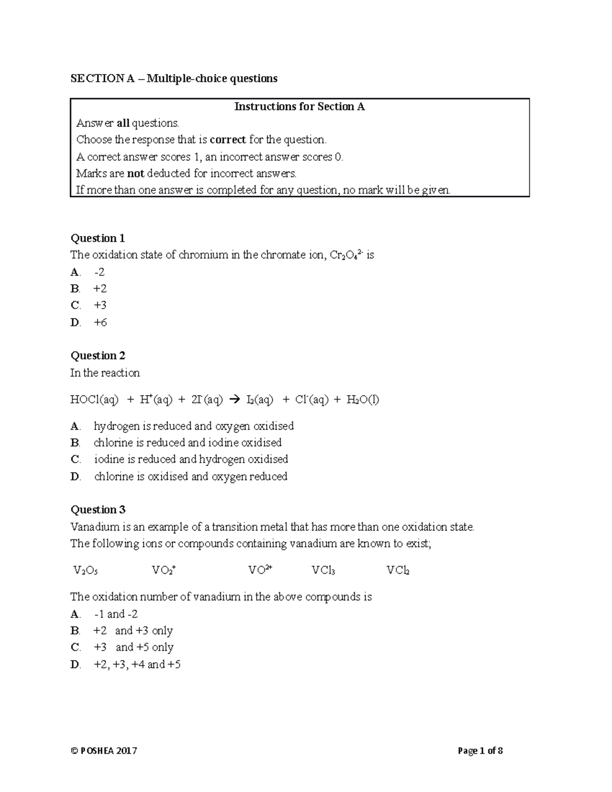 Redox test unit 3 chemistry - SECTION A – Multiple-choice questions ...