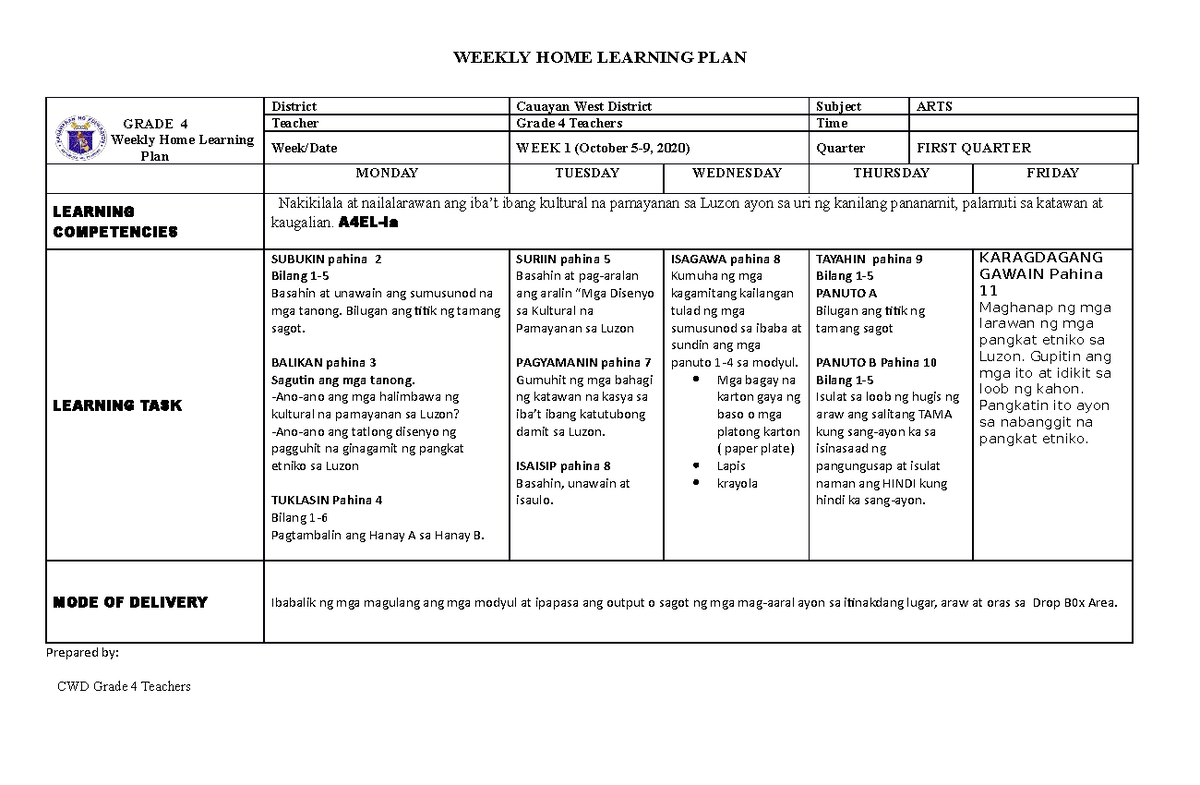 G4-Q1-WEEK 1- Weekly HOME PLAN - ARTS - WEEKLY HOME LEARNING PLAN GRADE ...
