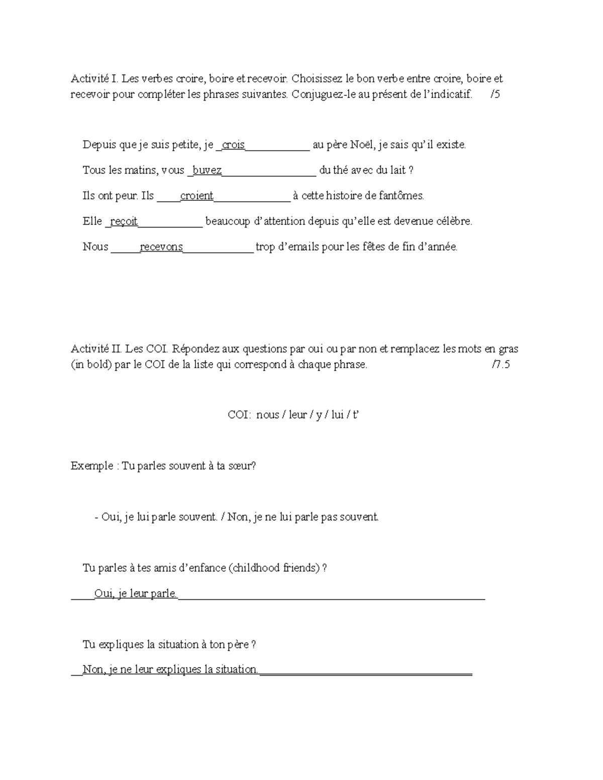 French Quiz 4 out of 12 - Activité I. Les verbes croire, boire et ...