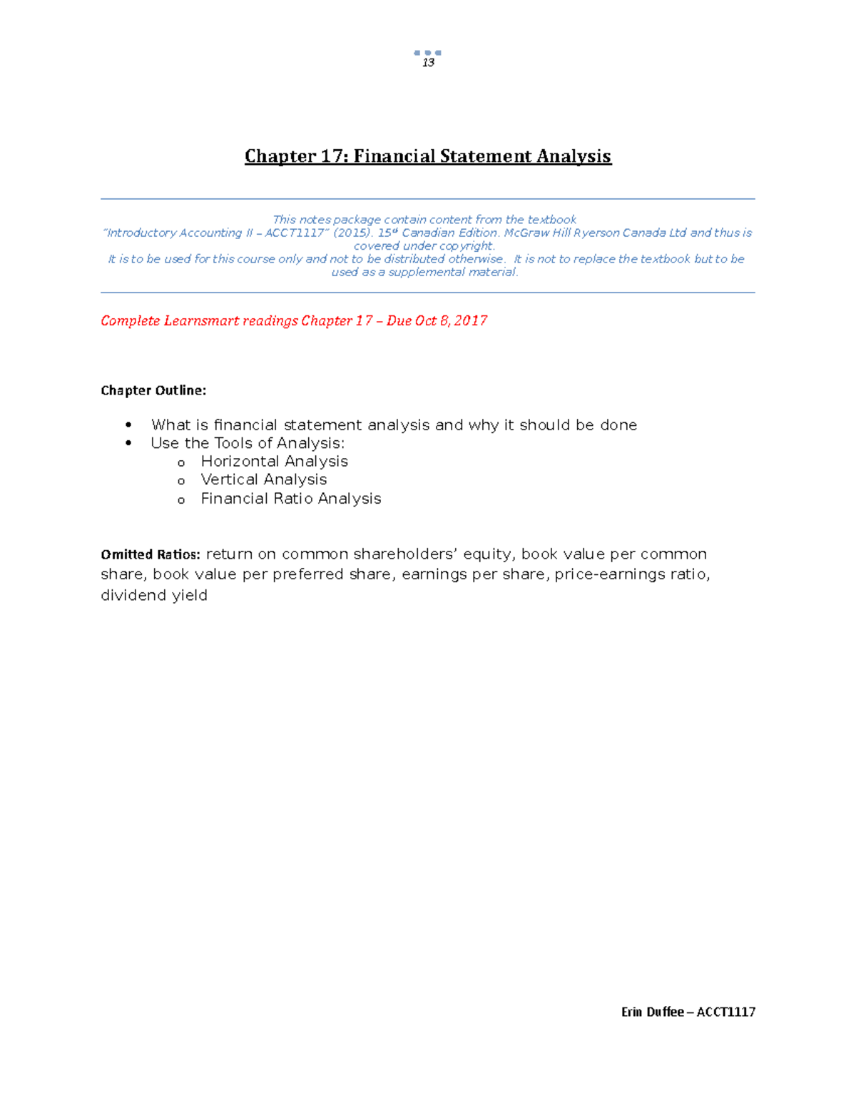 Ch 17 Student Notes - financial statement analysis - 13 Chapter 17 ...