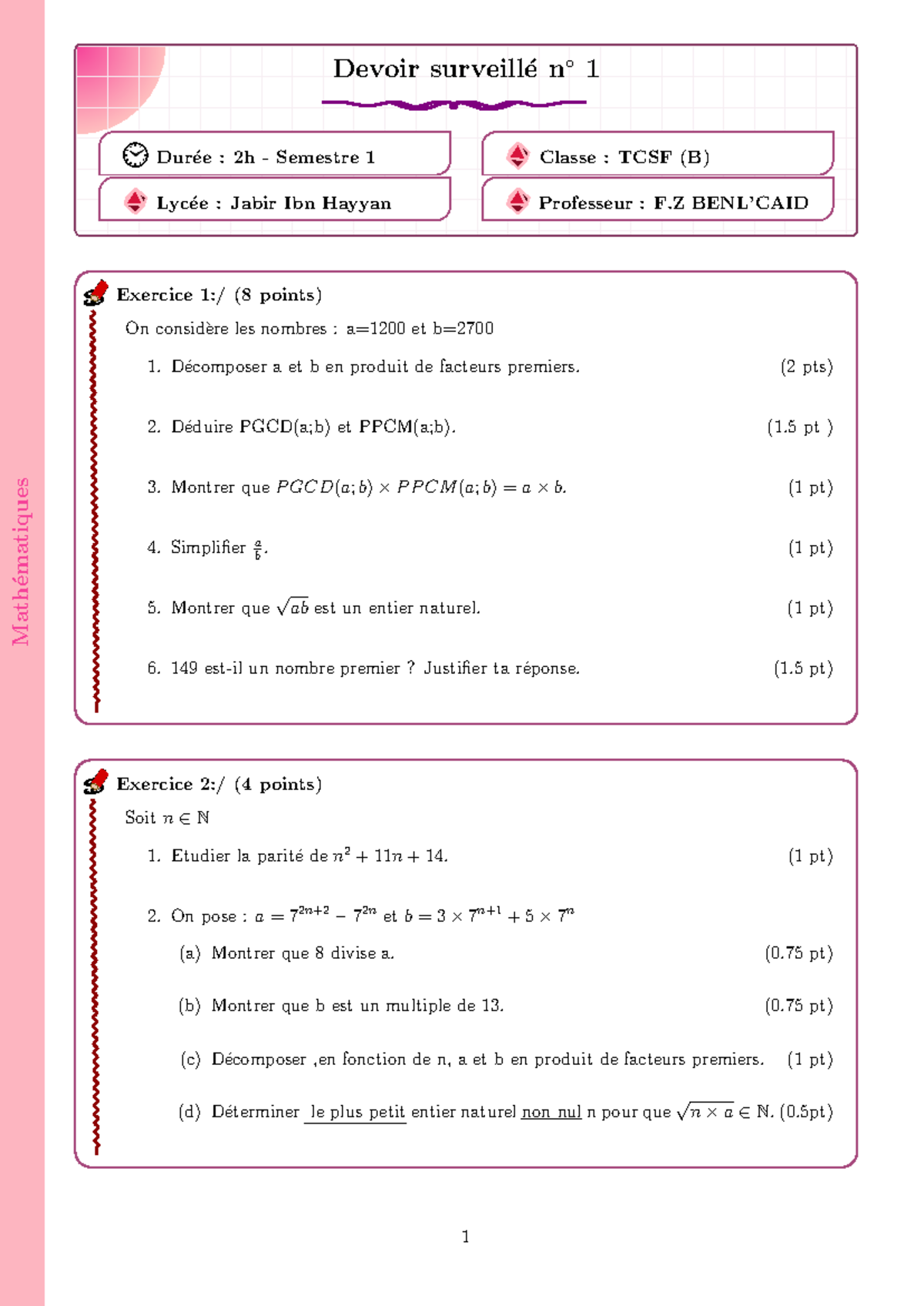 DS1 TCS 2022 2023 B - LOMI - Math ́ ematiques Devoir surveill ́e n 1 Dur ́ee : 2h - Semestre 1 ...