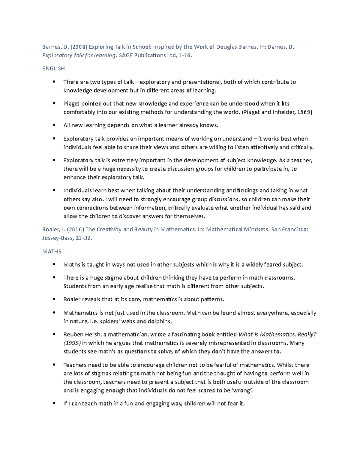 Maths and English bibliography - Barnes, D. (2008) Exploring Talk in ...