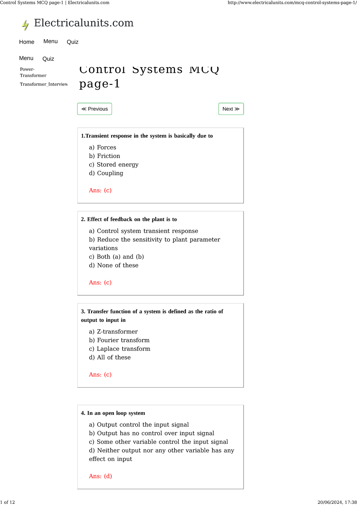 Control Systems MCQ page-1 Electricalunits - Index Power- Transformer ...