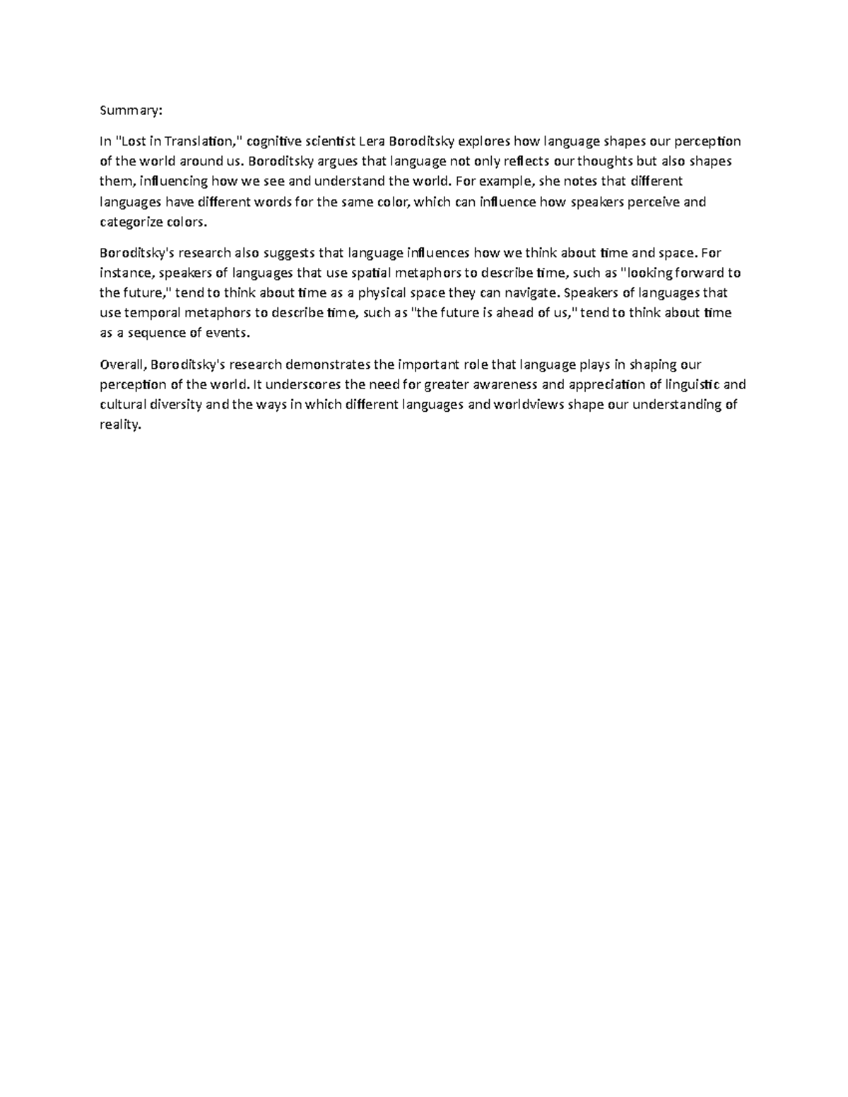 Summary on lost in translation by Lera Boroditsky - Summary: In "Lost ...