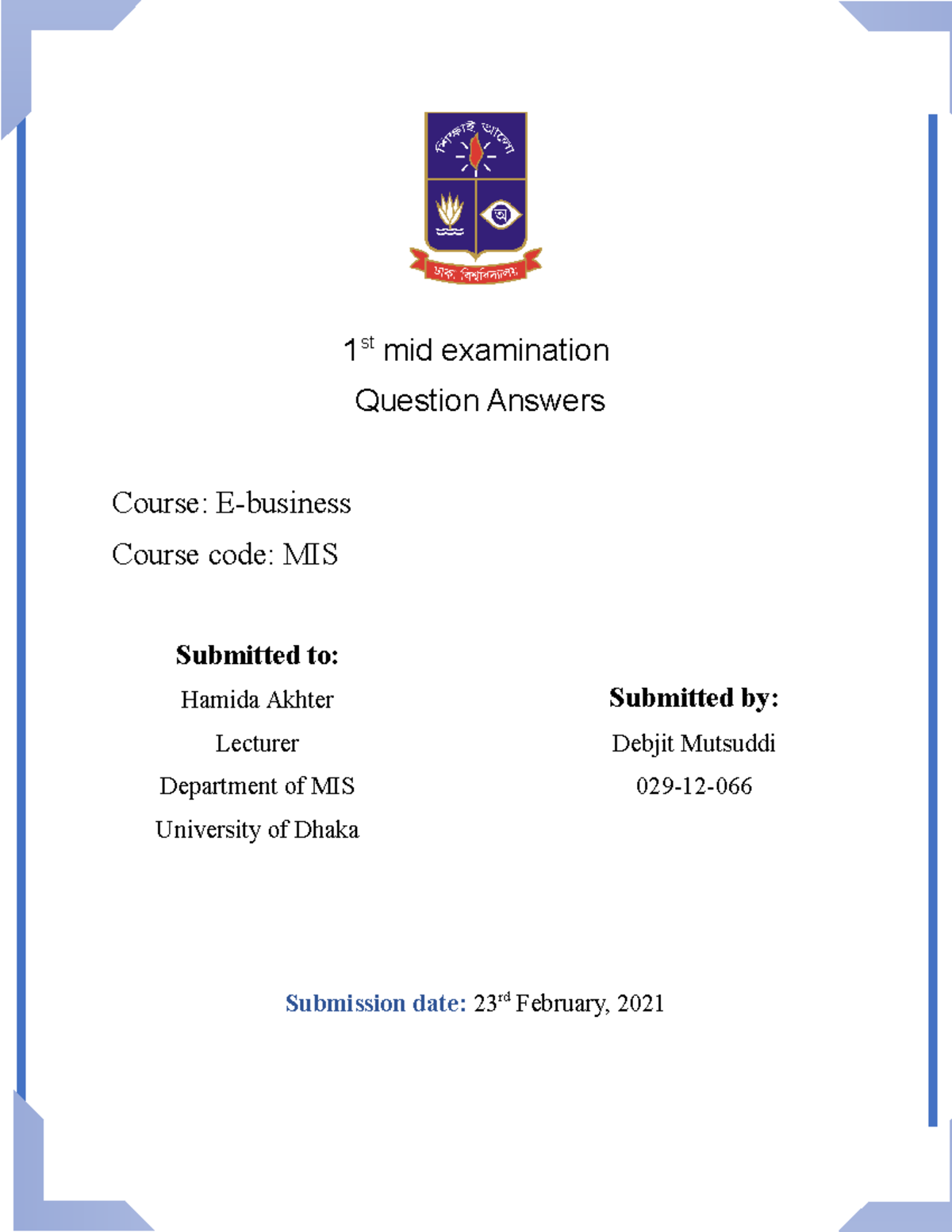 1st mid question answer - Project Management - 1 st mid examination ...