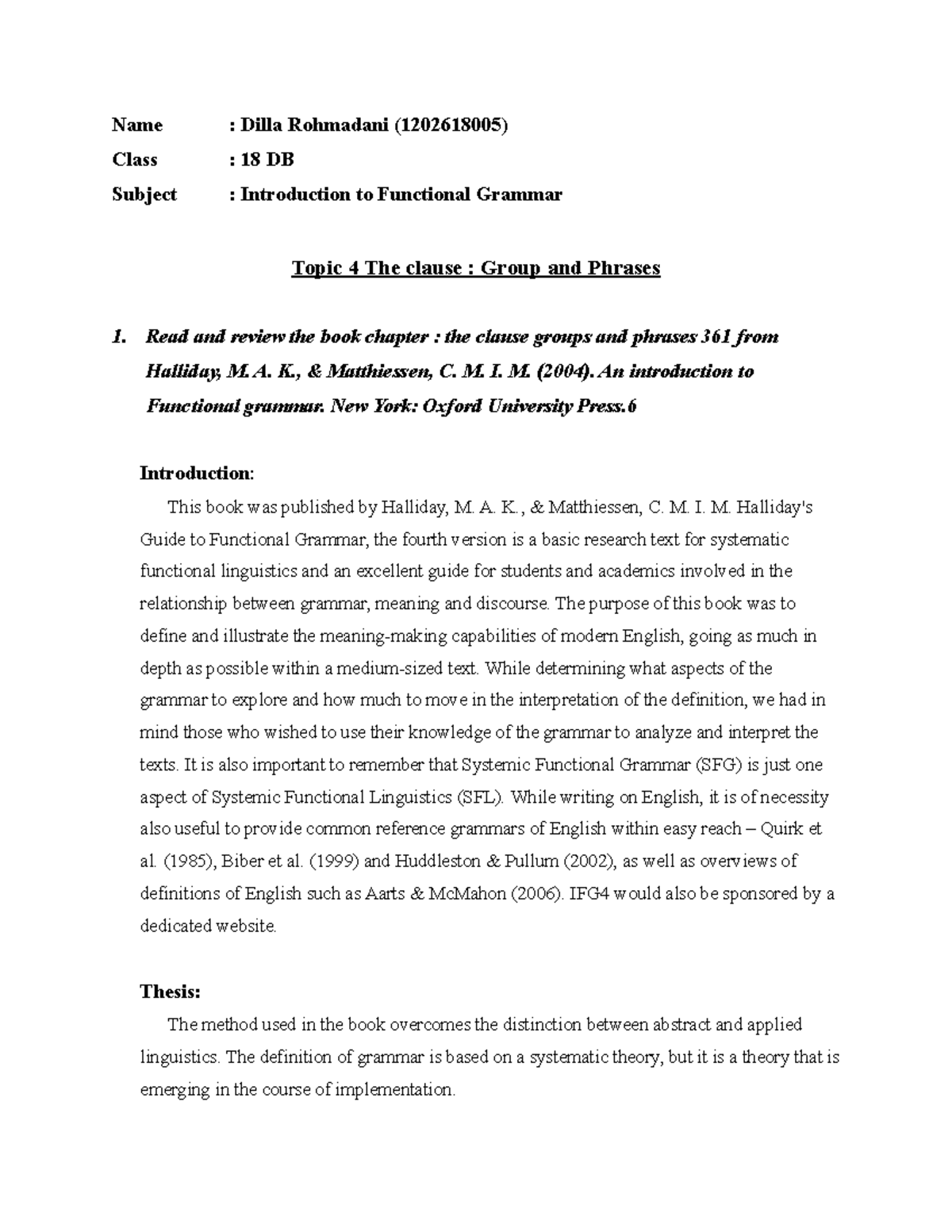 Introduction to Functional Grammar - Read and review the book chapter ...