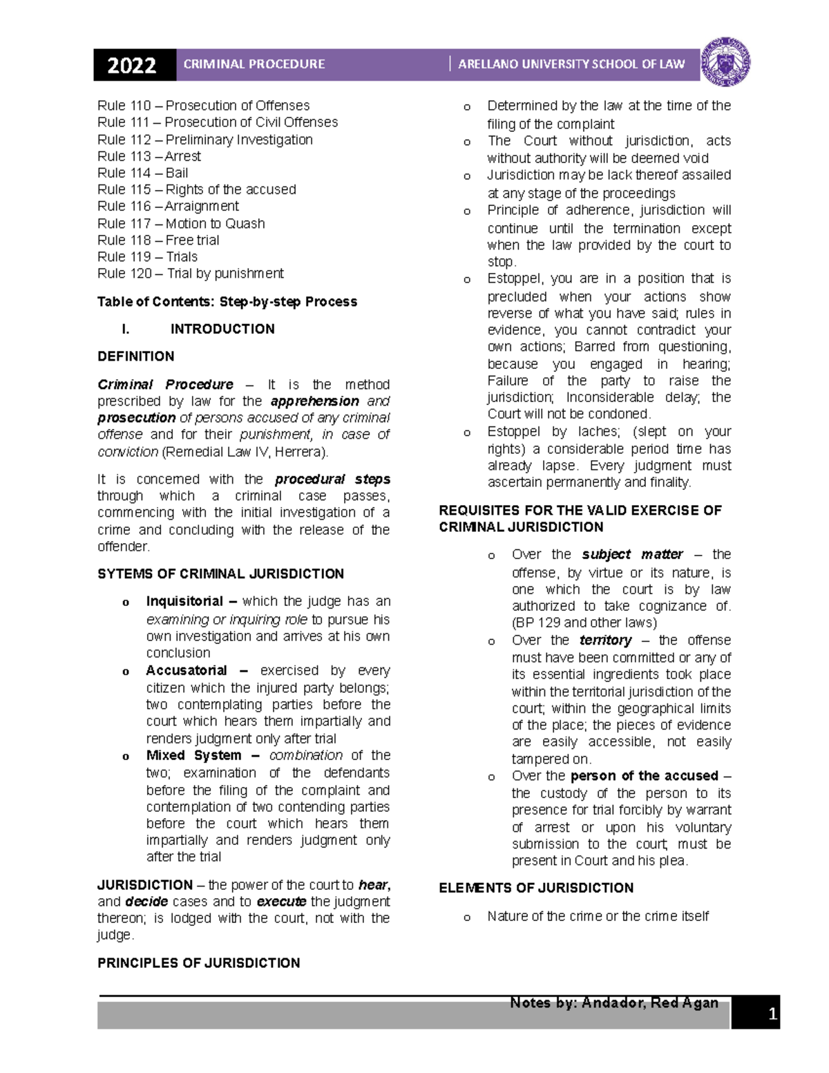 Criminal Procedure Notes - Notes by: Andador, Red Agan Rule 110 ...