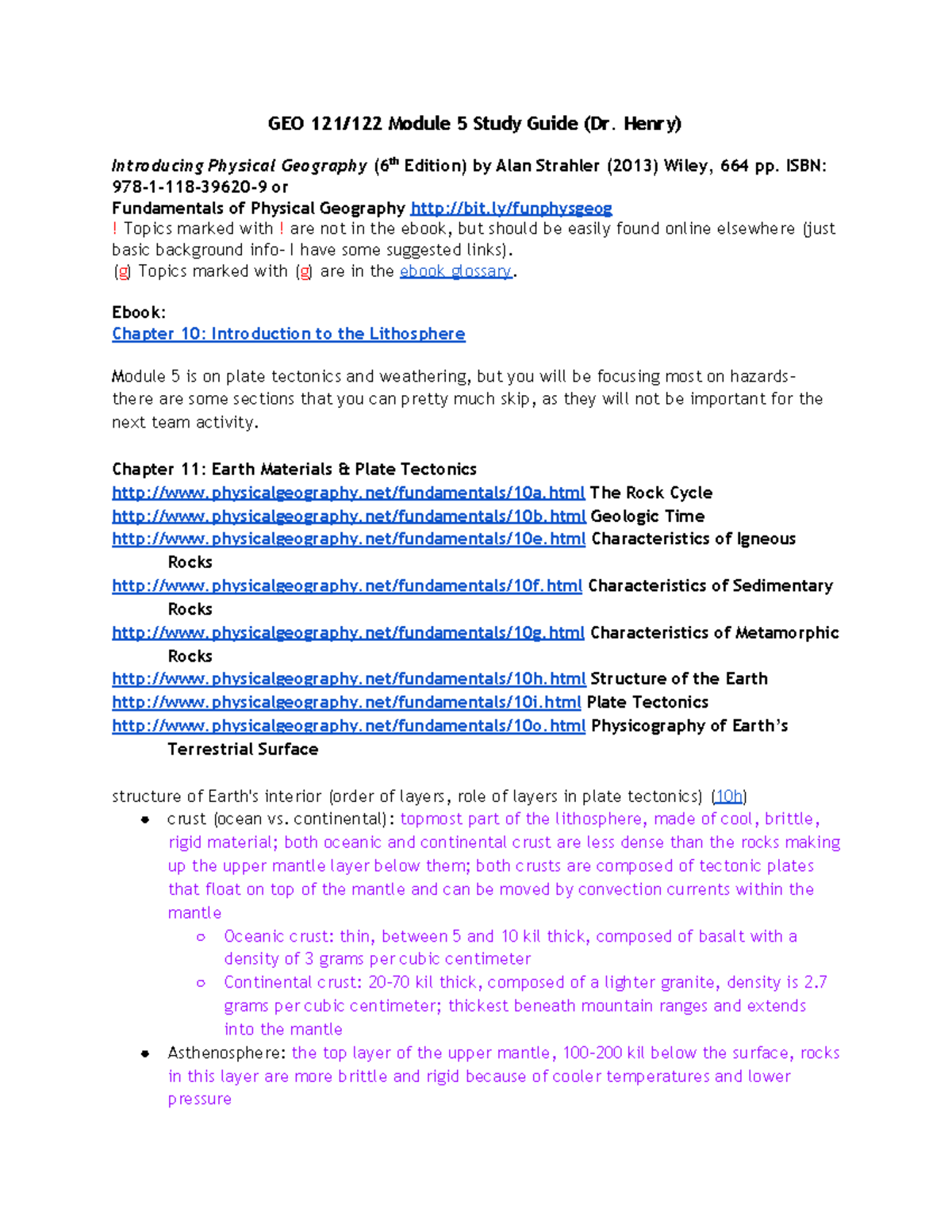 Module 5 Study Guide - GEO 121/122 Module 5 Study Guide (Dr. Henry ...