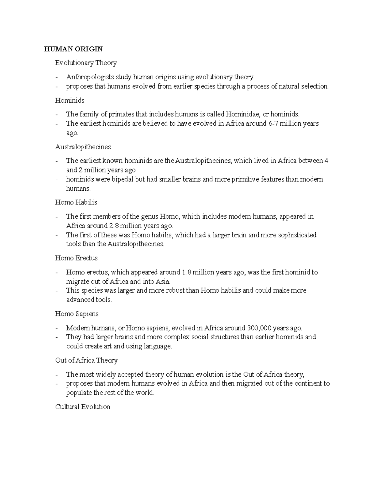 Human Origin Notes 1 - Physical anthropology portion focuses on ...