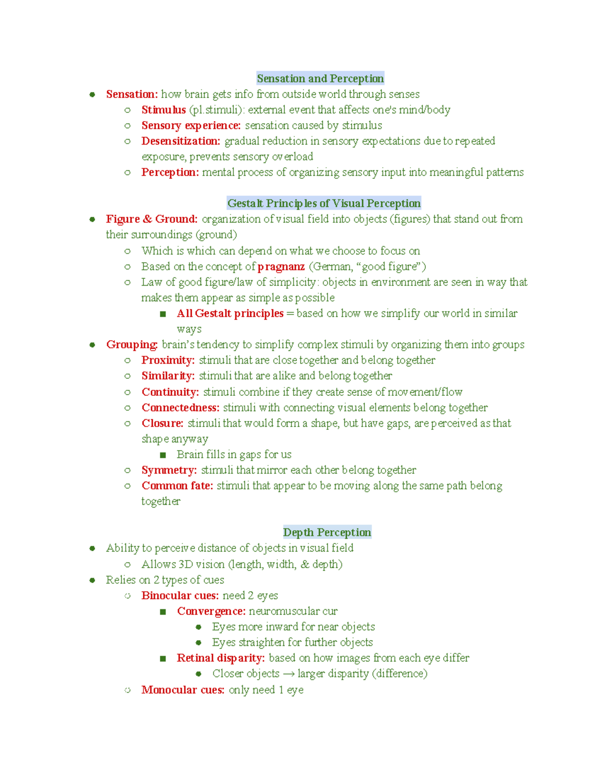 Psych UNIT 3 Notes - Sensation and Perception Sensation: how brain gets ...