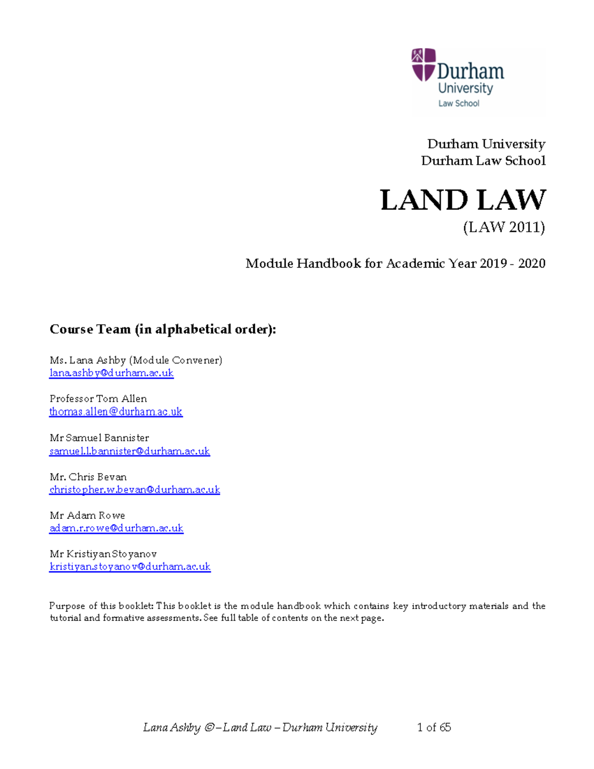 Land Module Handbook draft 2019 - 2020 - Durham University Durham Law ...