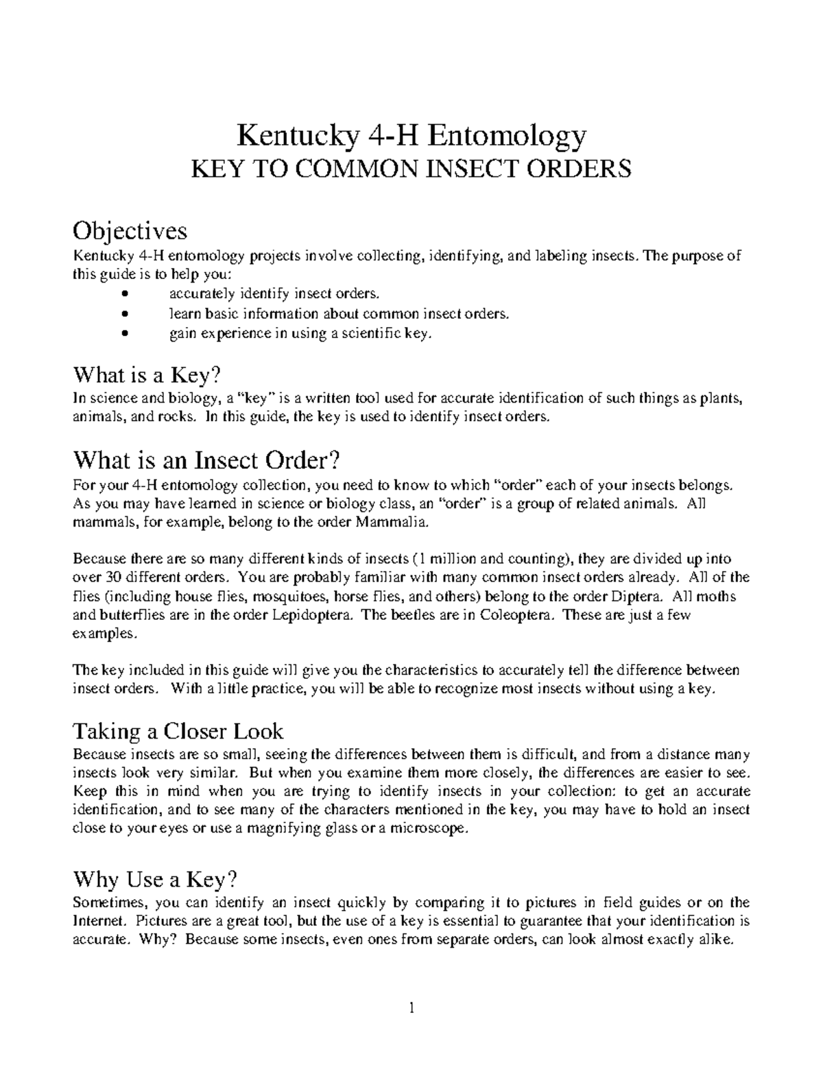 Key to orders (1) - Kentucky 4-H Entomology KEY TO COMMON INSECT ORDERS Objectives Kentucky 4-H ...