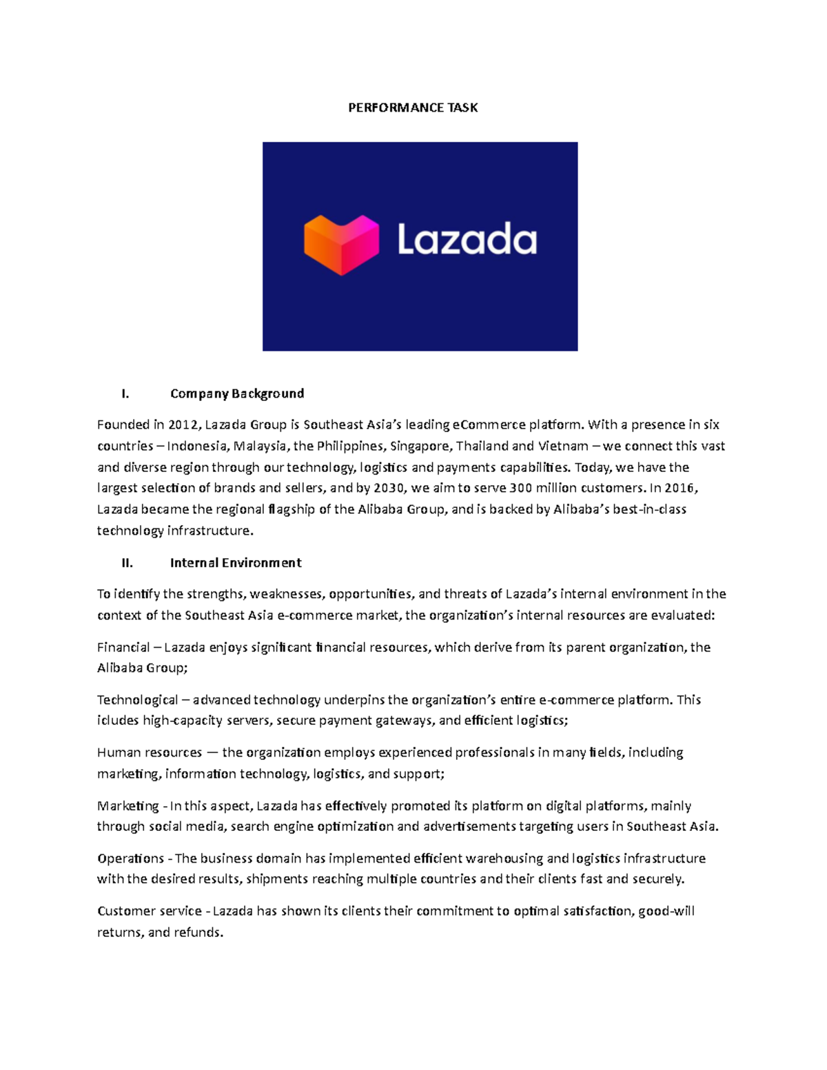 Strat-1 - Please help me - PERFORMANCE TASK I. Company Background Founded in 2012, Lazada Group ...