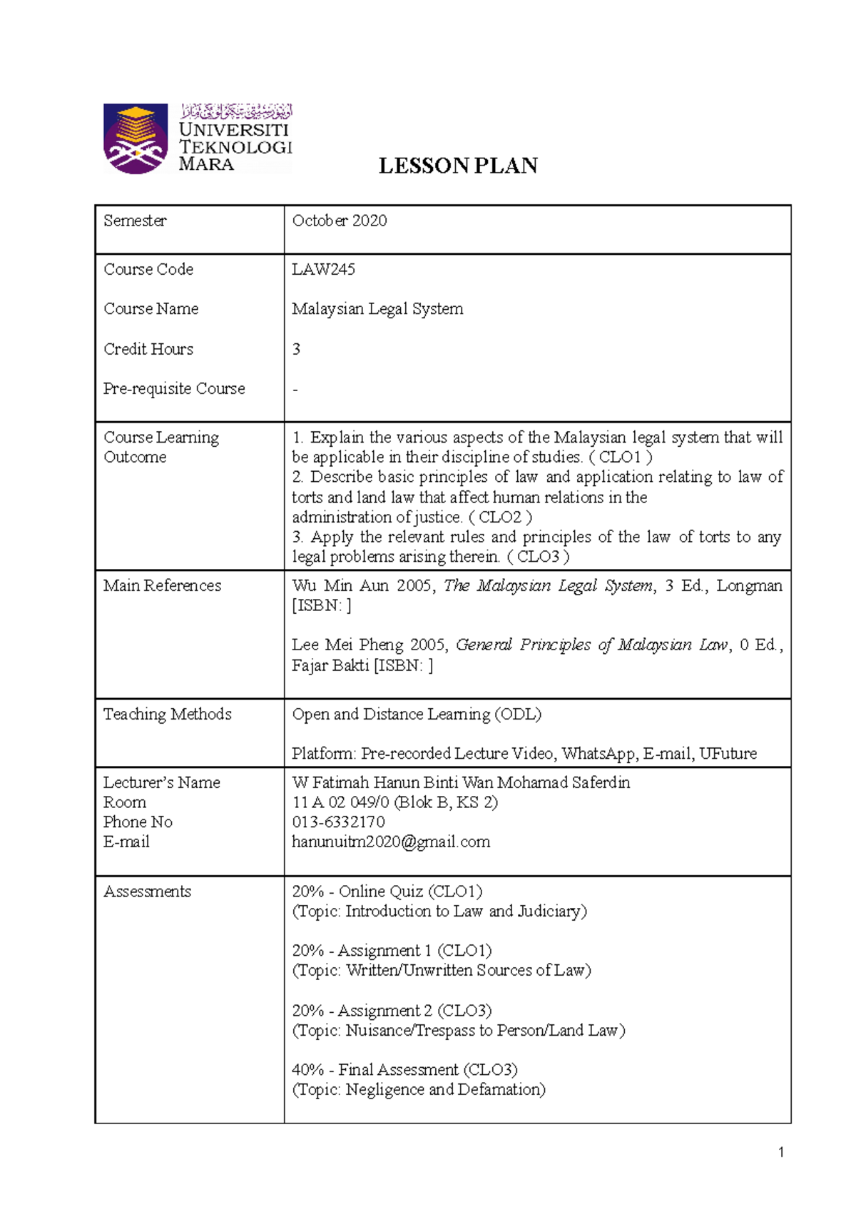 Lesson PLAN SEM OCT 2020 - LESSON PLAN Semester October 2020 Course ...