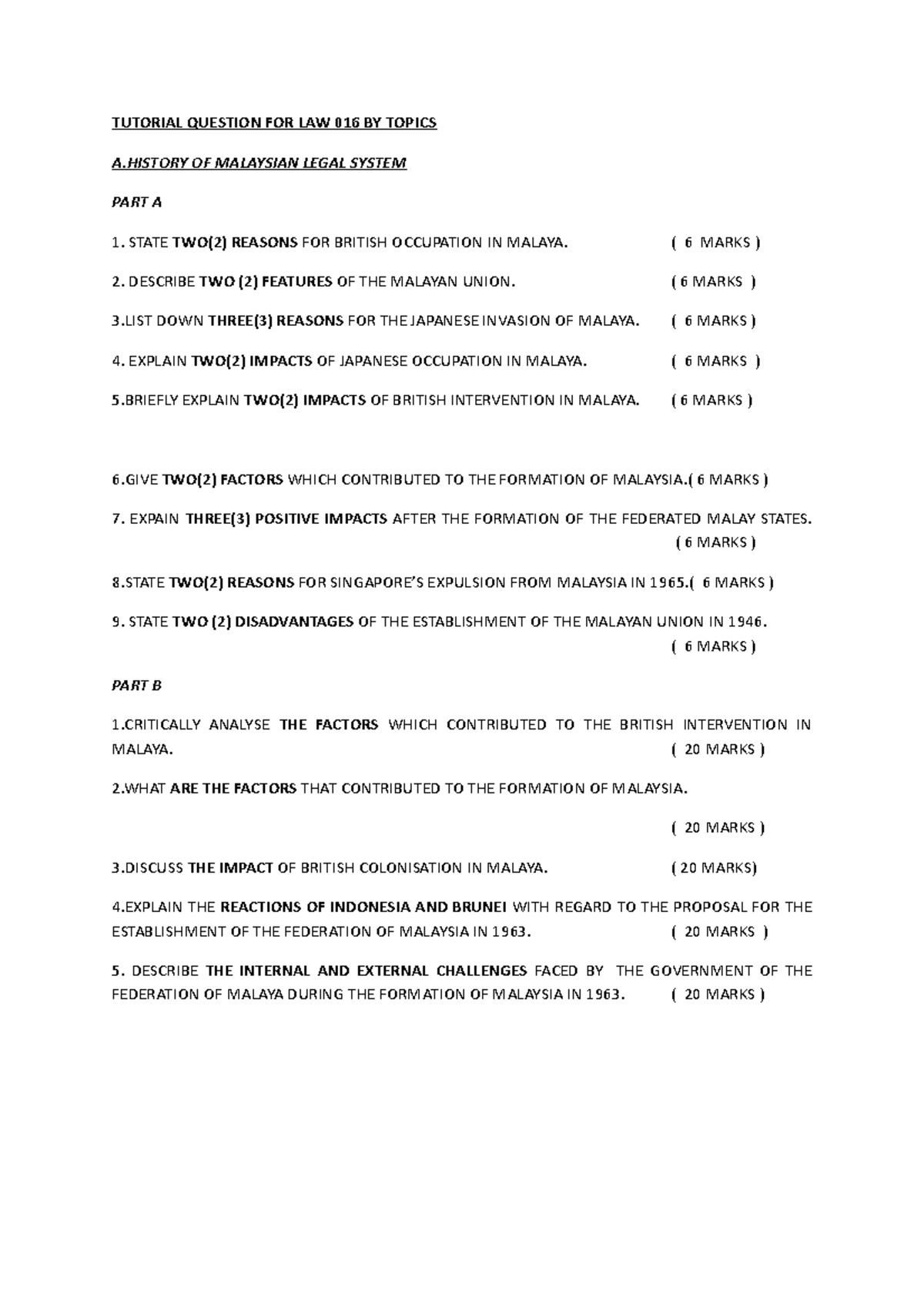 Tutorial LAW016 BY Topic - TUTORIAL QUESTION FOR LAW 016 BY TOPICS A OF ...