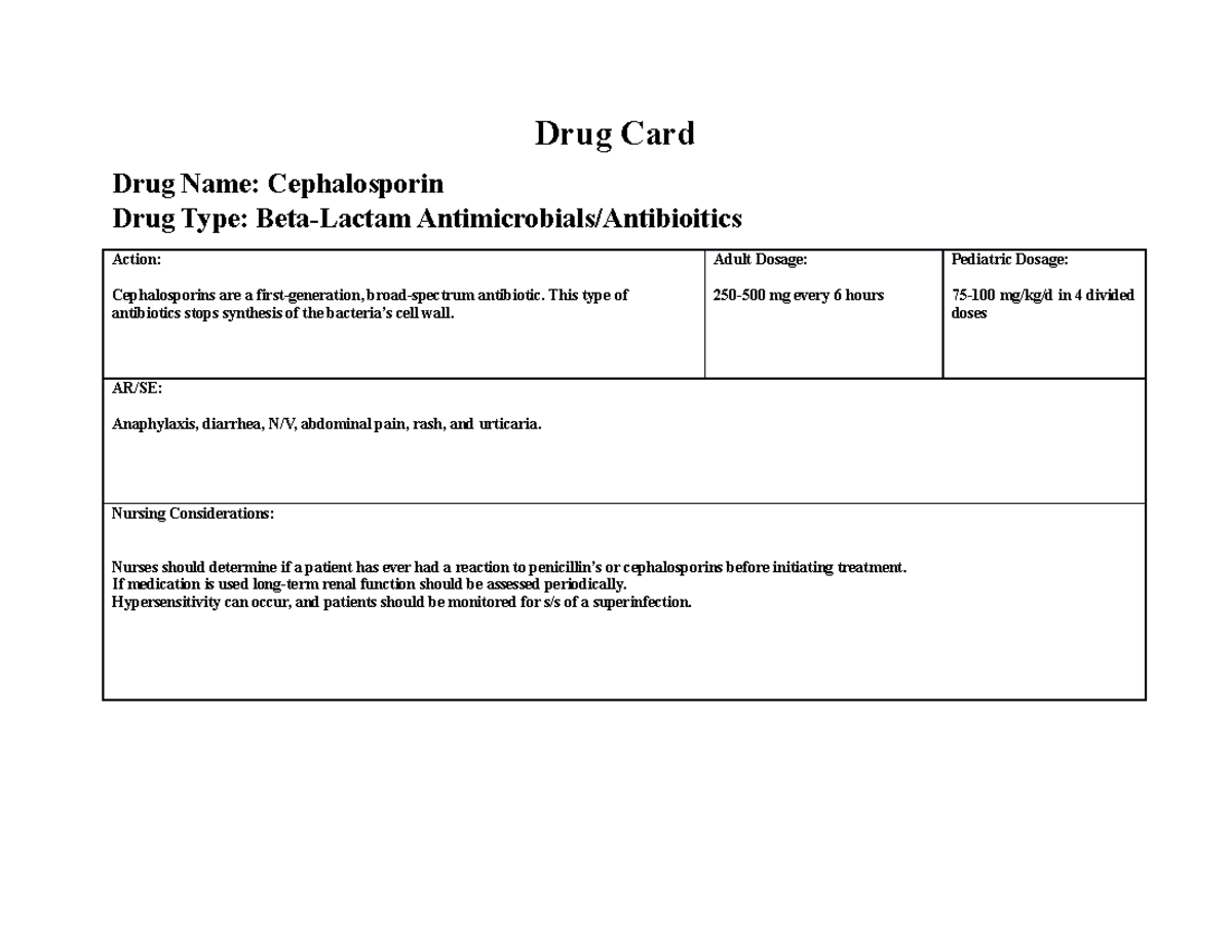 Drug Card - .vmblblkgfdgklfklf - Drug Name: Cephalosporin Drug Type ...