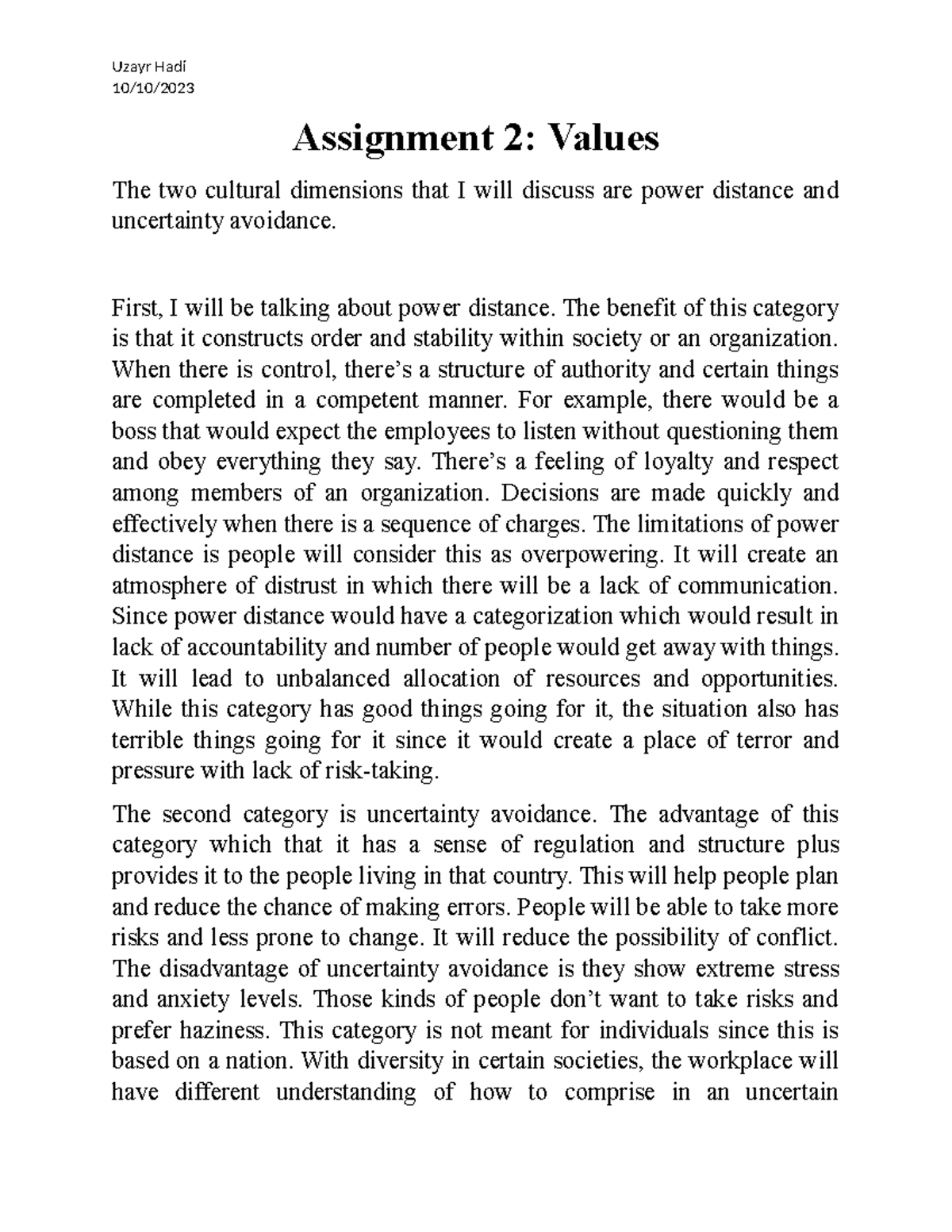 Assignment 2 Values - Important - Uzayr Hadi 10/10/ Assignment 2 ...