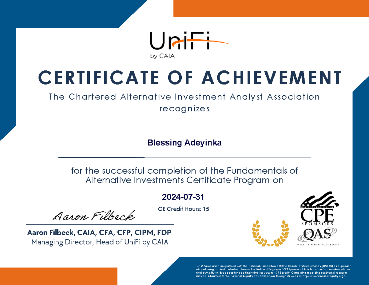 Nasba Uni Fi by CAIA Fundamentals Certificate - Aaron Filbeck, CAIA ...