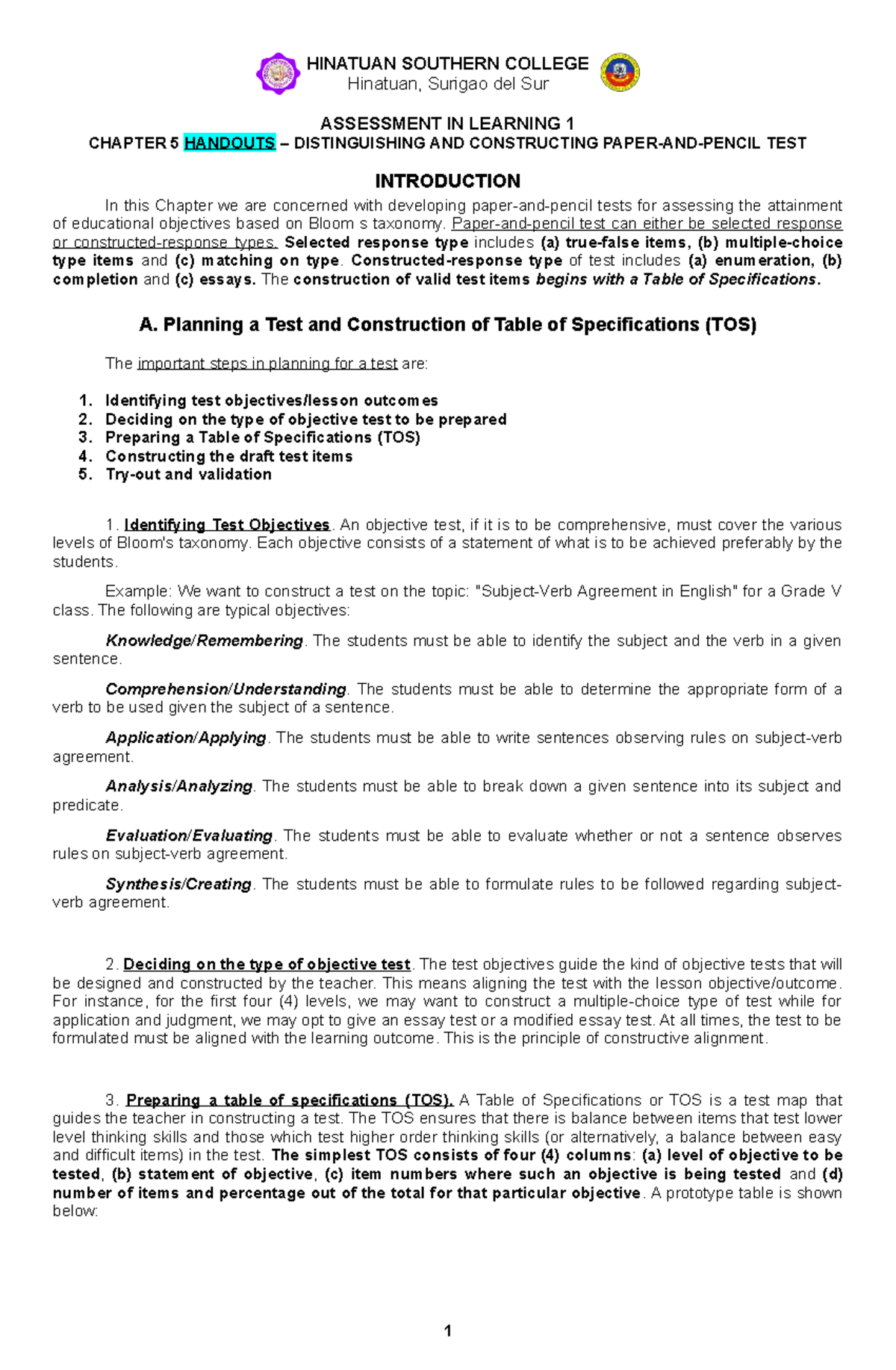 Chapter 5 Handouts Assessment in Learning 1 - HINATUAN SOUTHERN COLLEGE Hinatuan, Surigao del ...