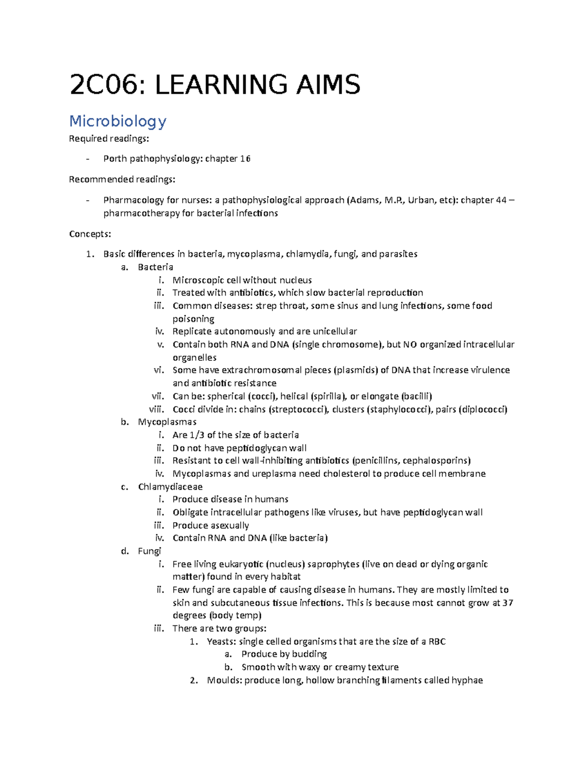 Learning Aims - Midterm version - 2C06: LEARNING AIMS Microbiology ...