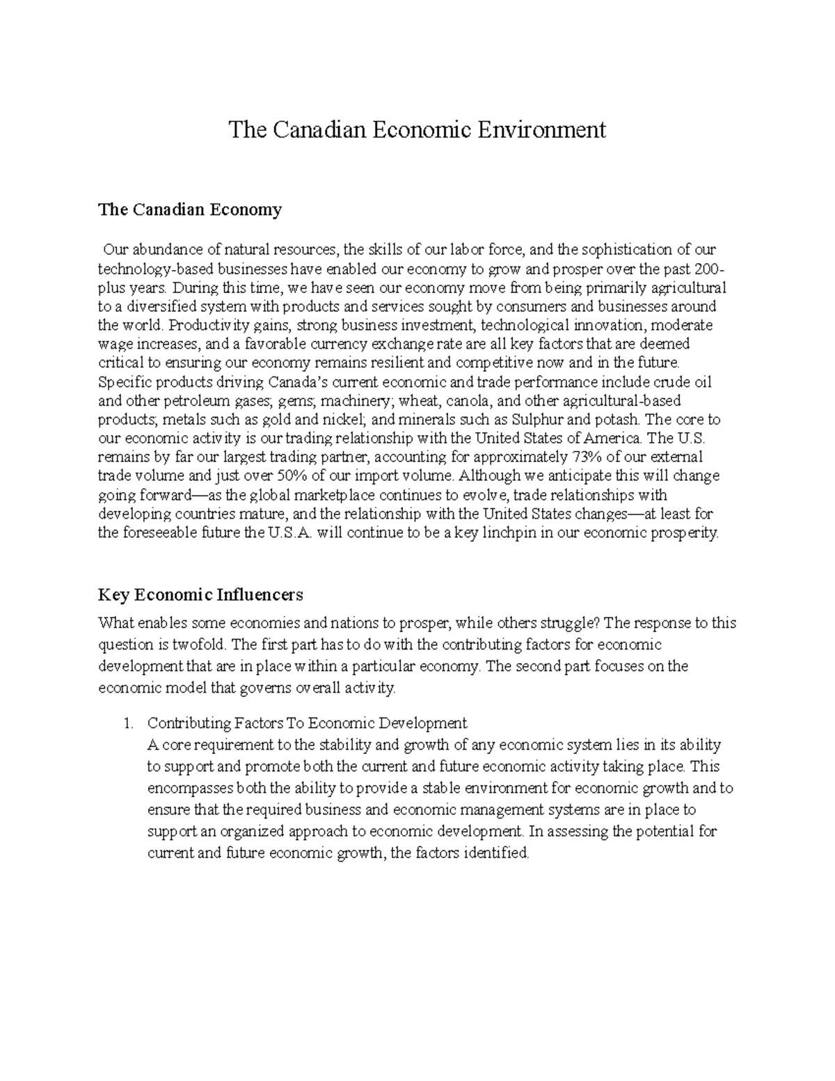Chapter 2 - The Canadian Economic Environment The Canadian Economy Our ...