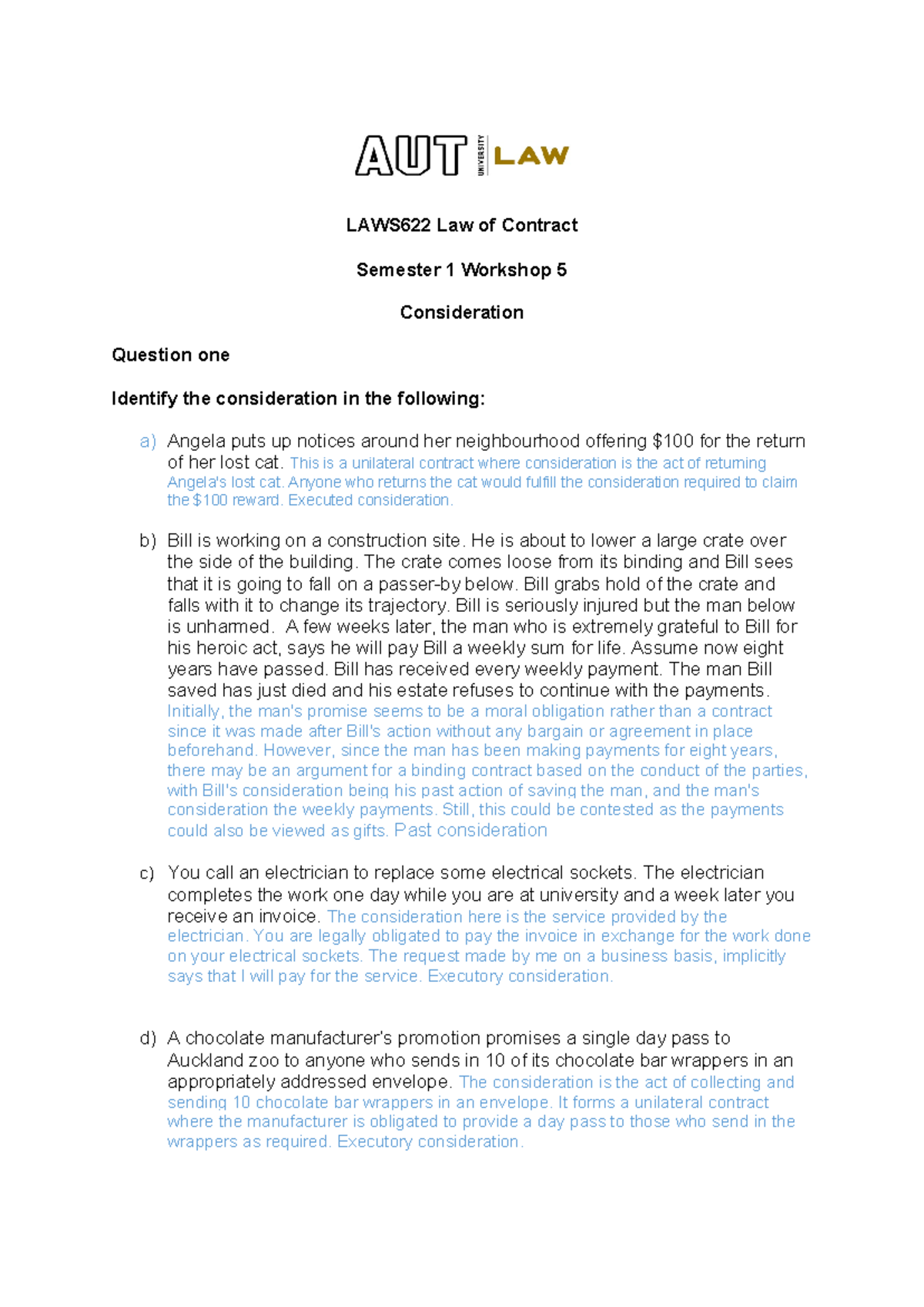 Workshop 5 - consideration - LAWS622 Law of Contract Semester 1 Workshop 5 Consideration ...