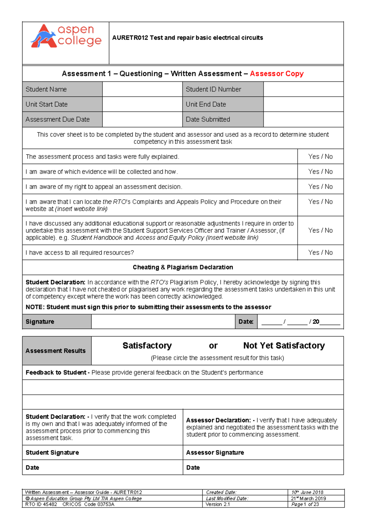 Assessment 1 – Questioning – Written Assessment - Auretr 012 - Assessor ...