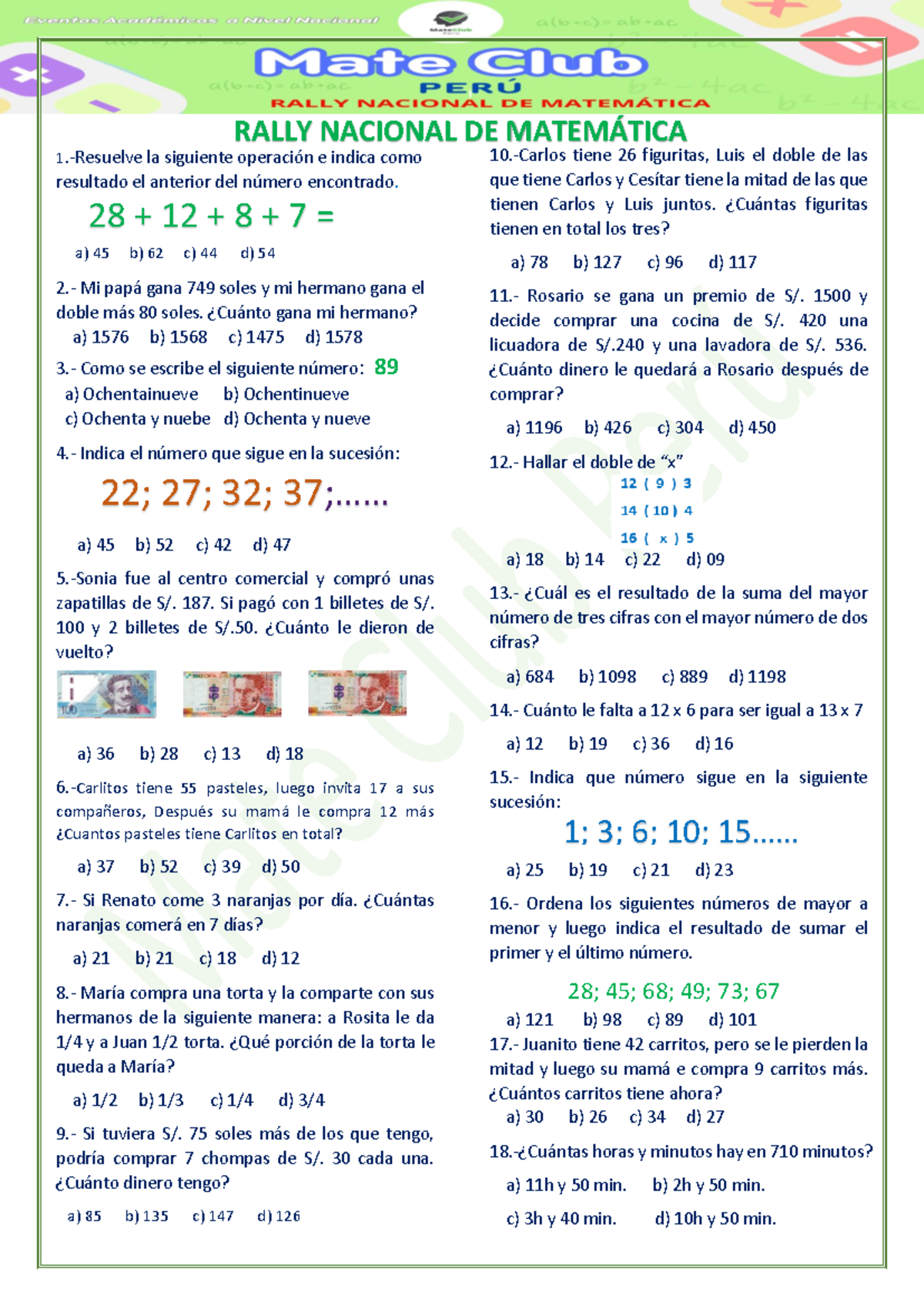 2DO PRIM Matematica - informe de la clase de enfermeria - 1; 3; 6; 10; 15...... 1 .-Resuelve la ...