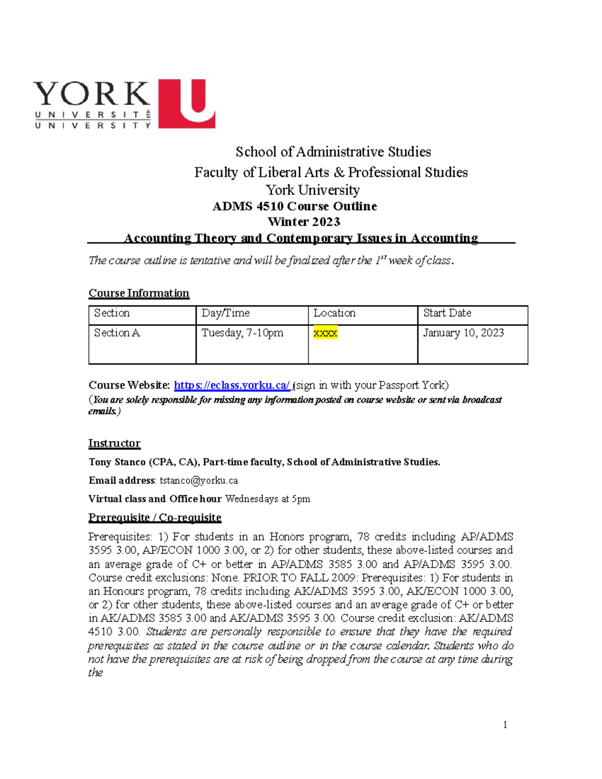 W23- ADMS 4510 Course Outline-Tony Stanco (1) - 1 School of ...