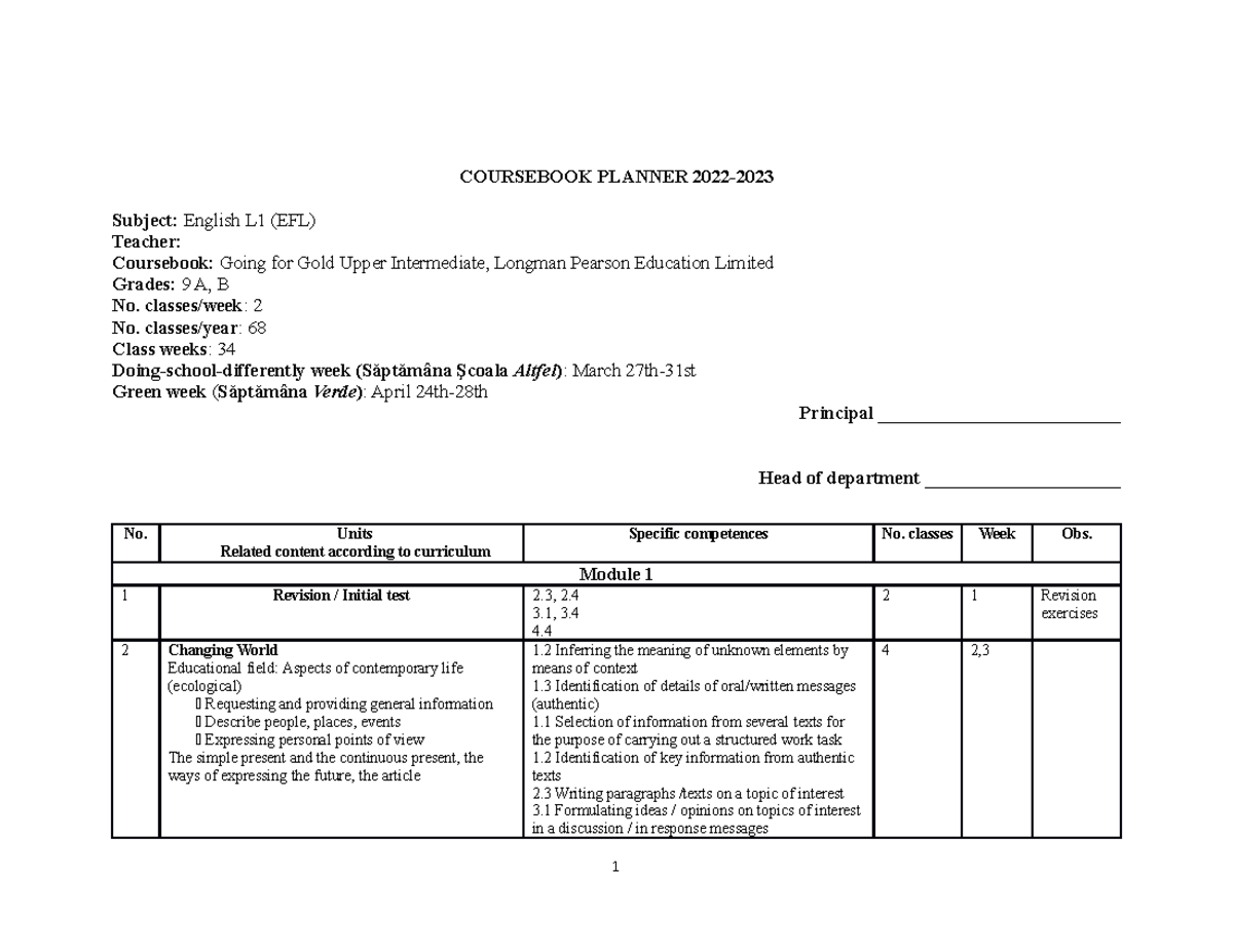 Planificare 9 - Going for Gold Upper - Calendaristica - COURSEBOOK ...
