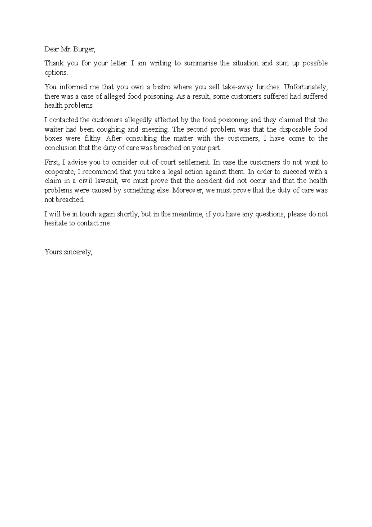 Letter Revised - Essay - Dear Mr. Burger, Thank you for your letter. I ...