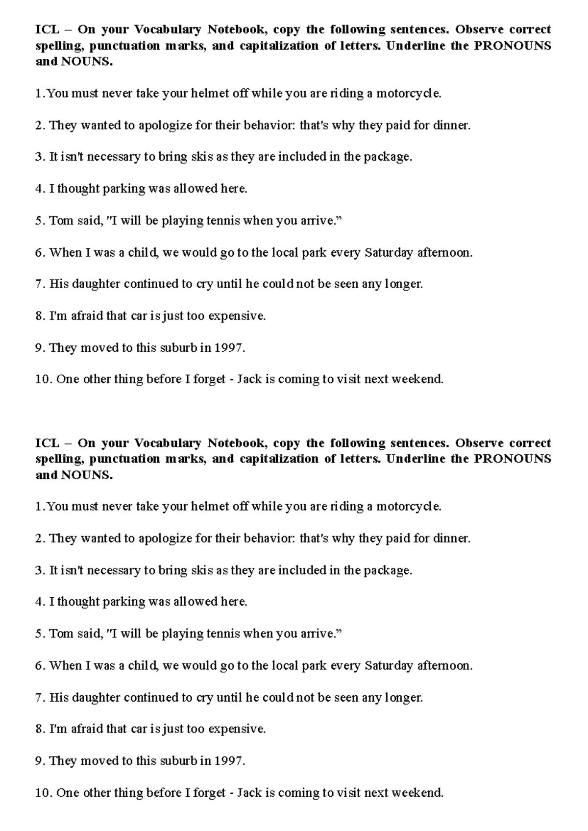 Rewriting activity - ICL – On your Vocabulary Notebook, copy the ...