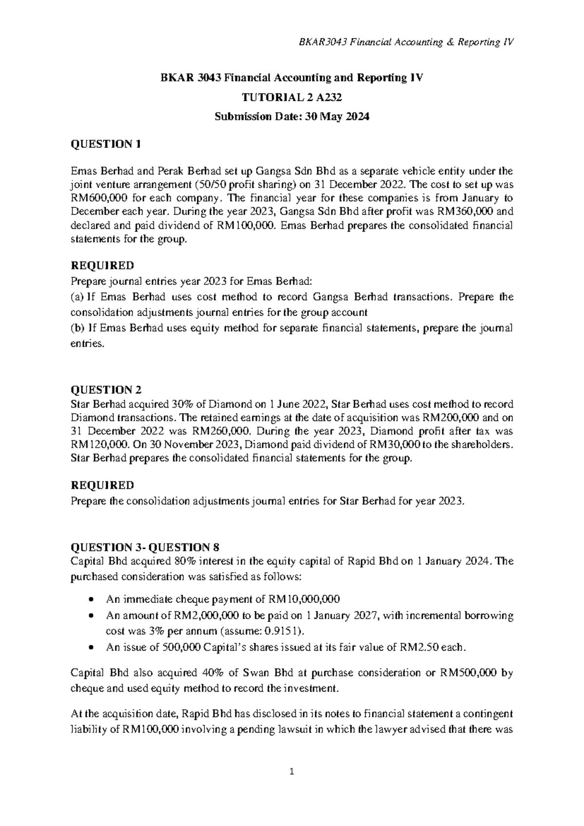 Tutorial 2 A232 Question - BKAR3043 Financial Accounting & Reporting IV ...