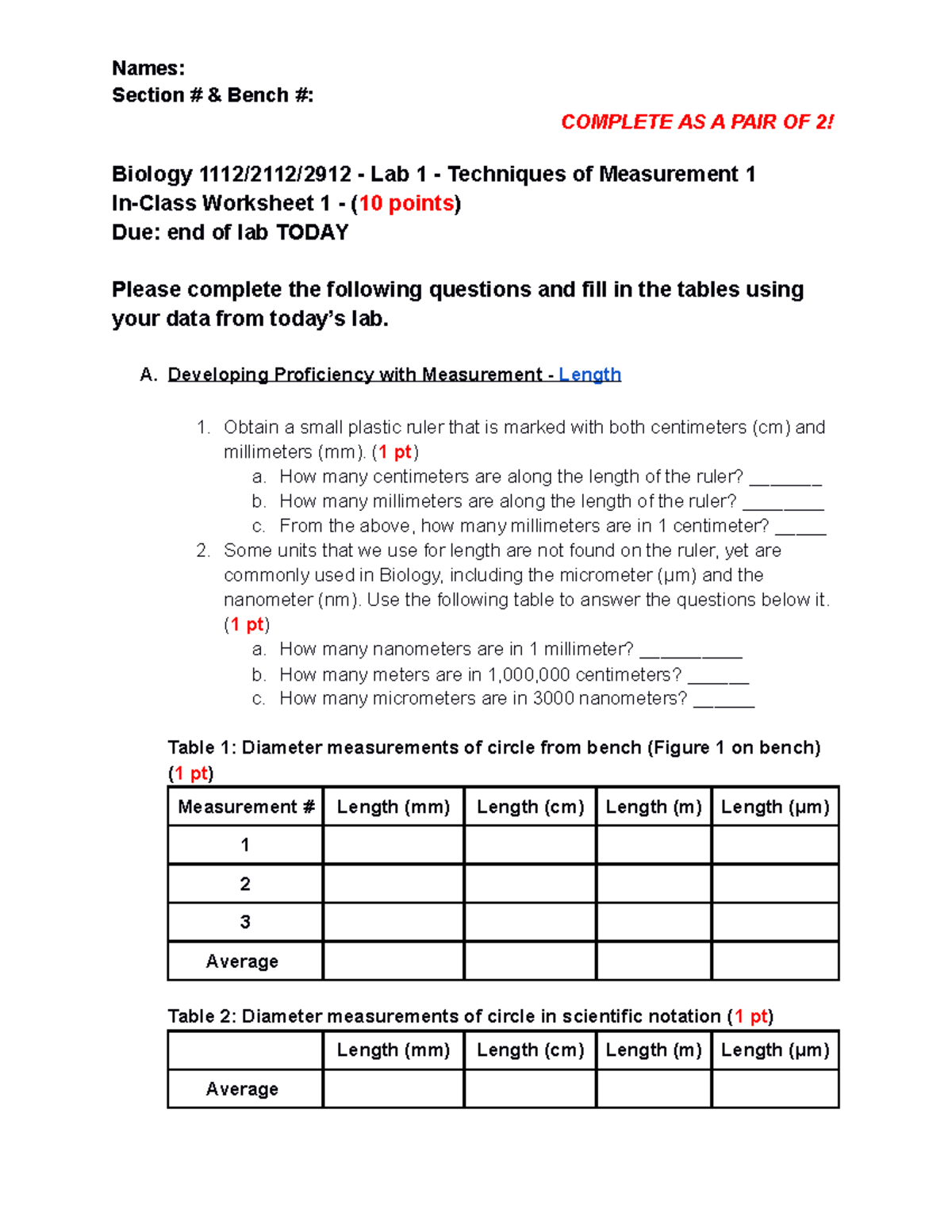 In-Class Worksheet 1 - Metric Conversions-1 - Names: Section # & Bench ...