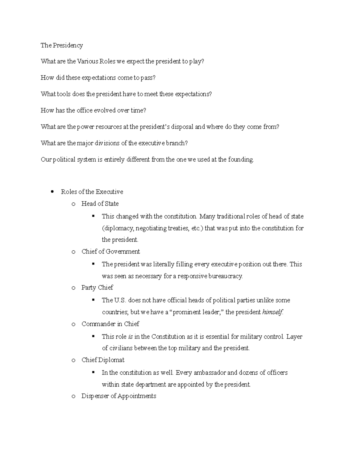 7 The Presidency - The Presidency What are the Various Roles we expect ...