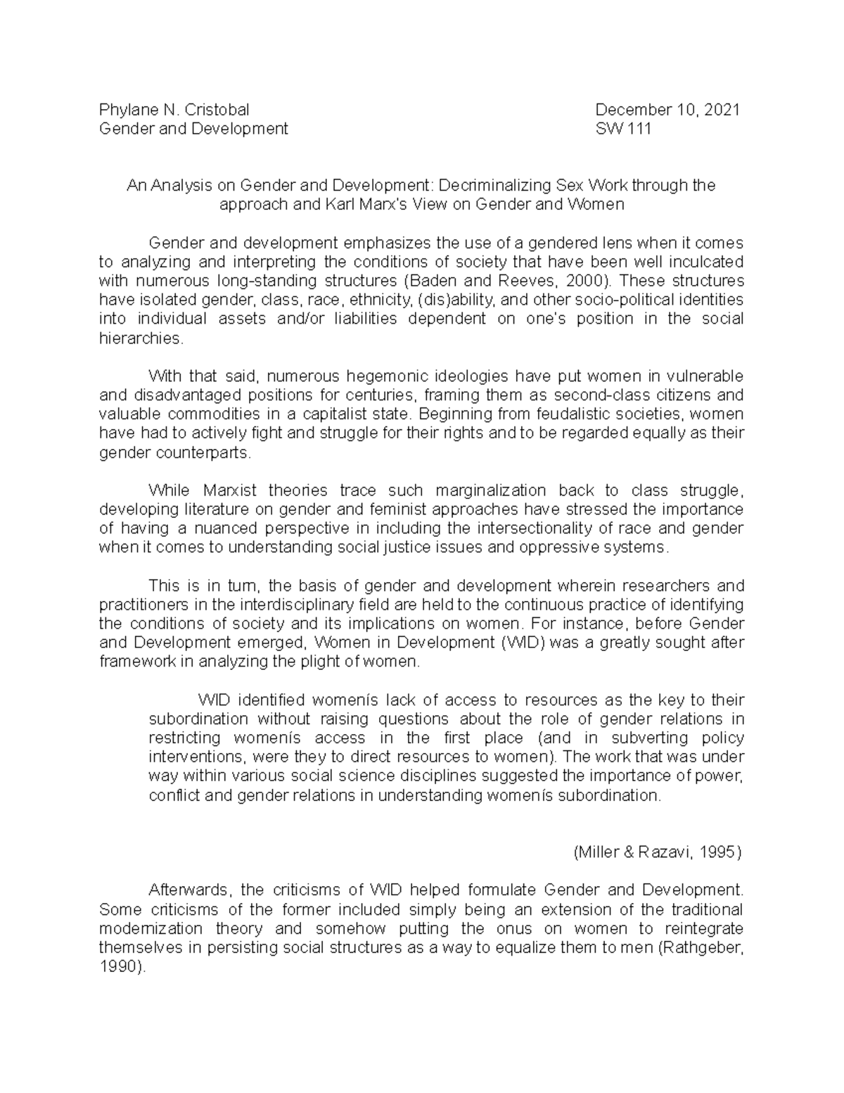 An Analysis of Gender and Development - Phylane N. Cristobal December ...