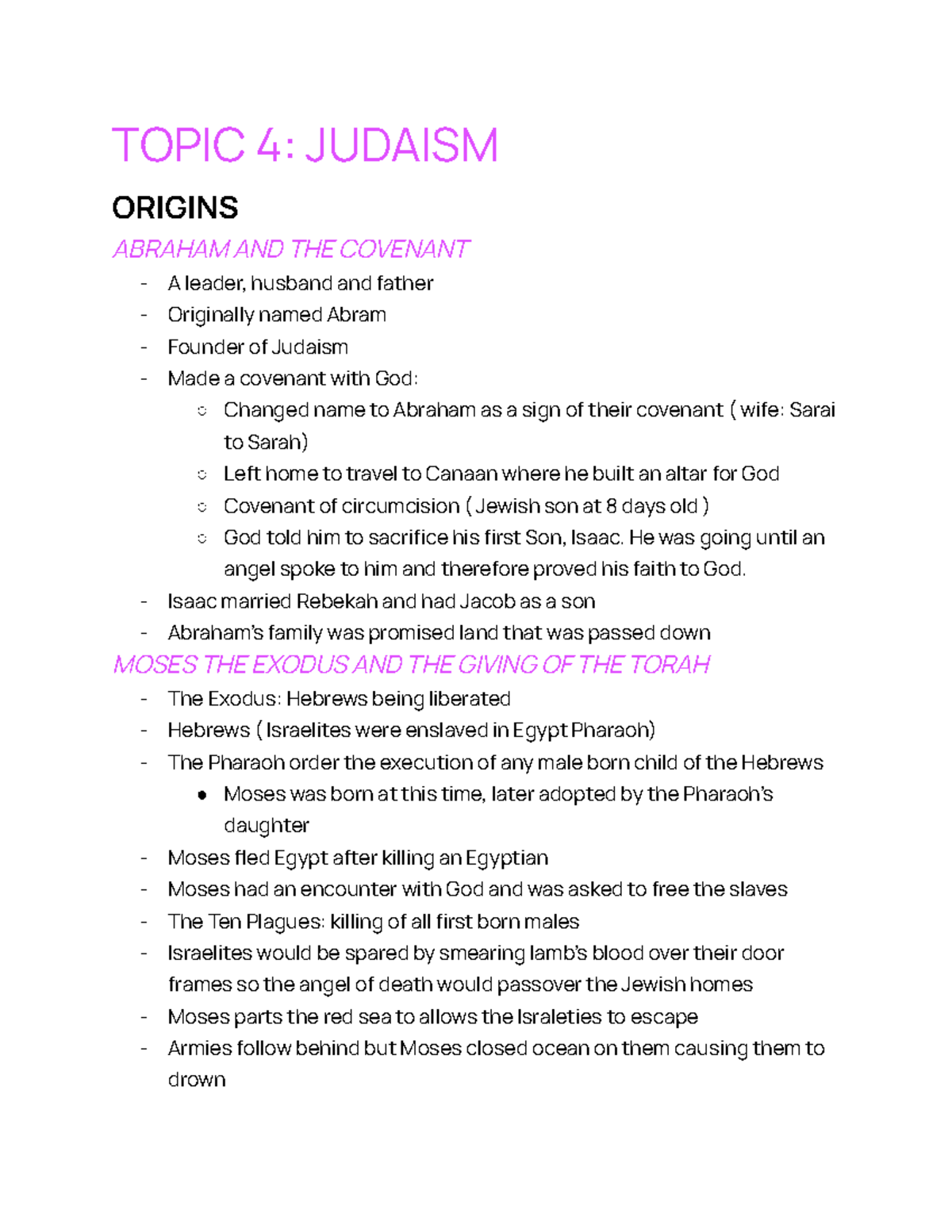Topic 4 Judaism - Religion summary - TOPIC 4: JUDAISM ORIGINS ABRAHAM ...