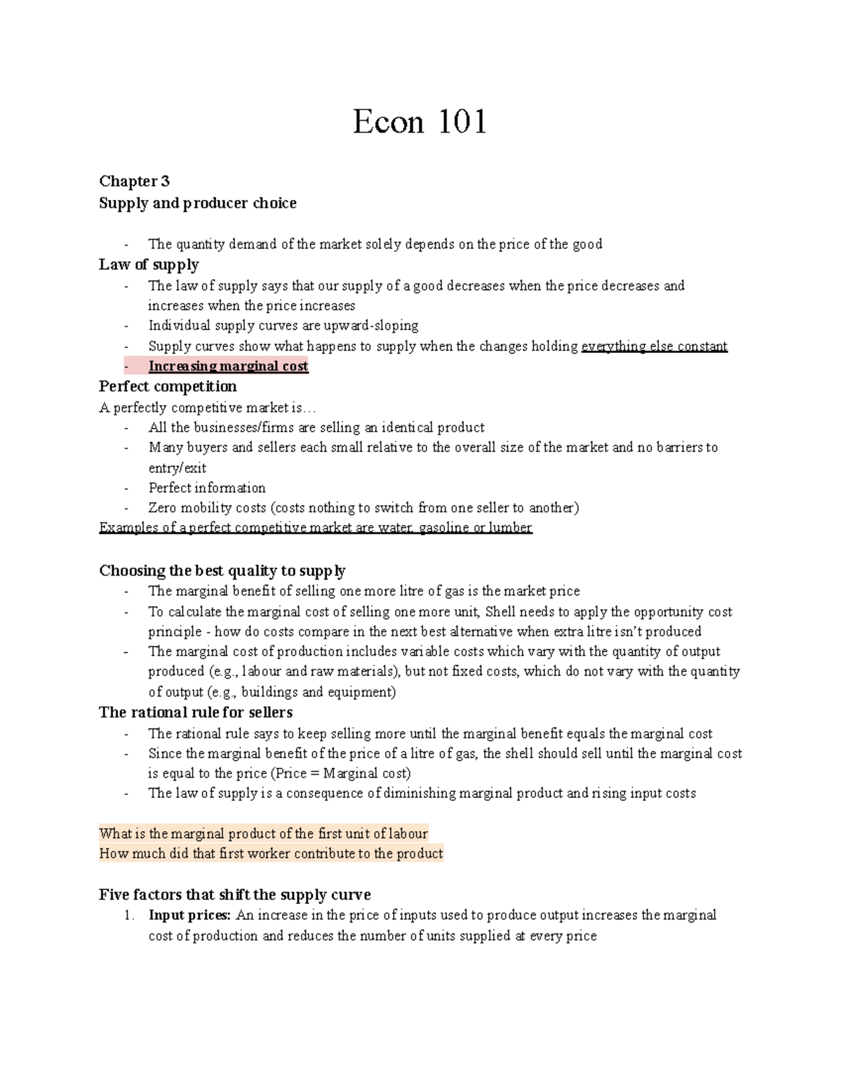 Econ 101 Ch3 - chapter 3 - Econ 101 Chapter 3 Supply and producer choice - The quantity demand ...