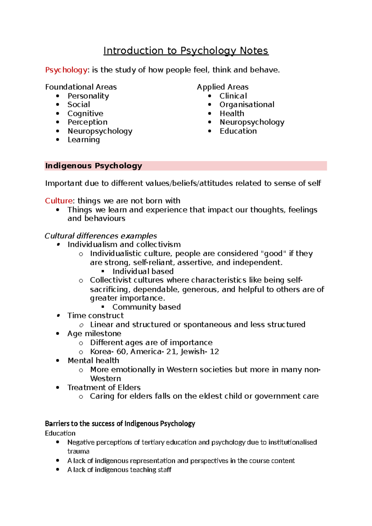 Introduction to Psychology Notes - Introduction to Psychology Notes ...