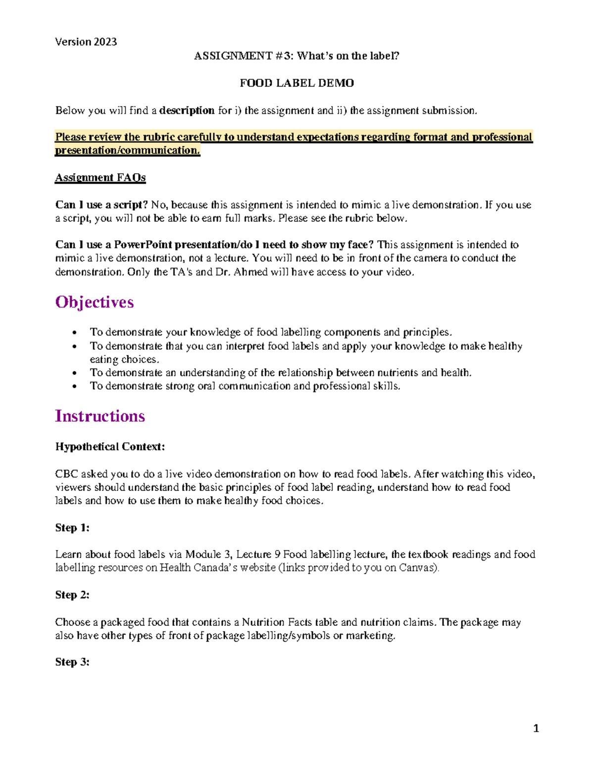 Assignment # 3-1 - ASSIGNMENT # 3: What’s on the label? FOOD LABEL DEMO ...