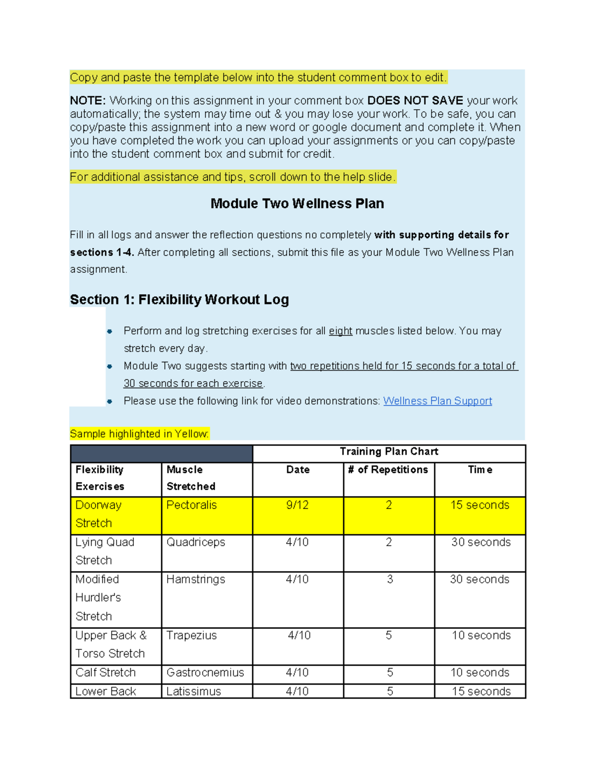 Module Two Wellness Plan Assignment - Flexibility and Strength Logs - Copy and paste the ...