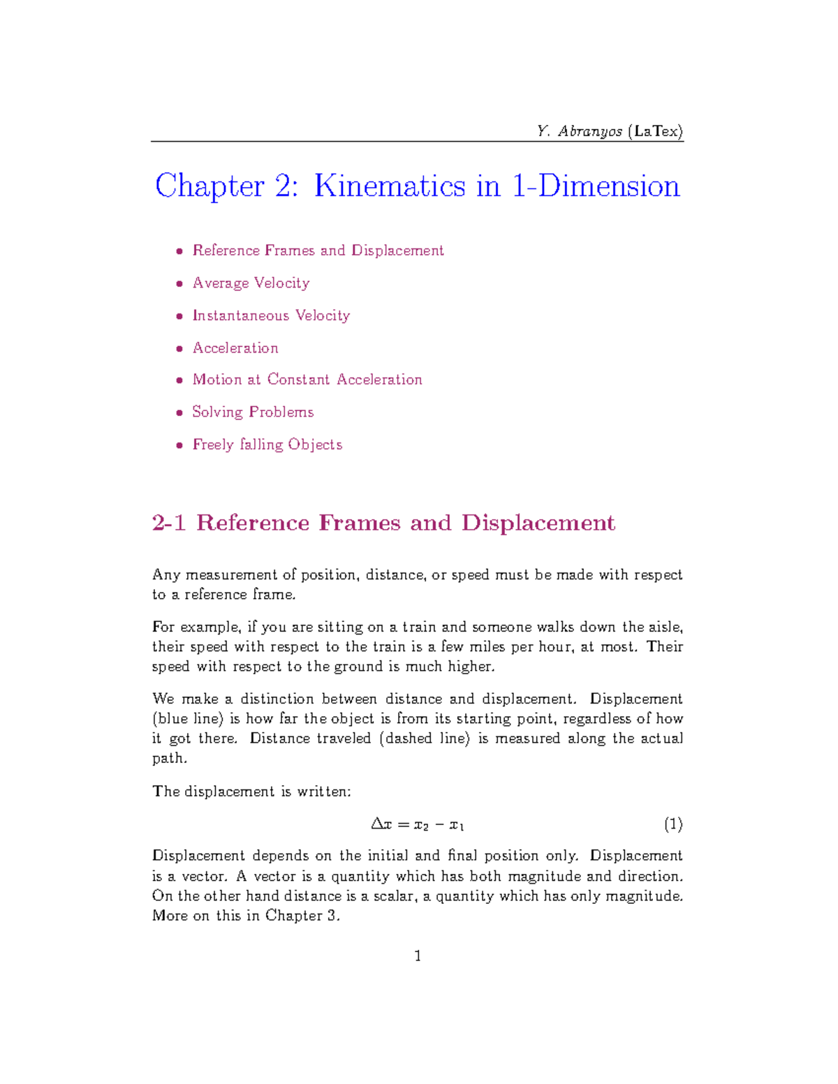 Lecture 1 - notes - Chapter 2: Kinematics in 1-Dimension Reference ...