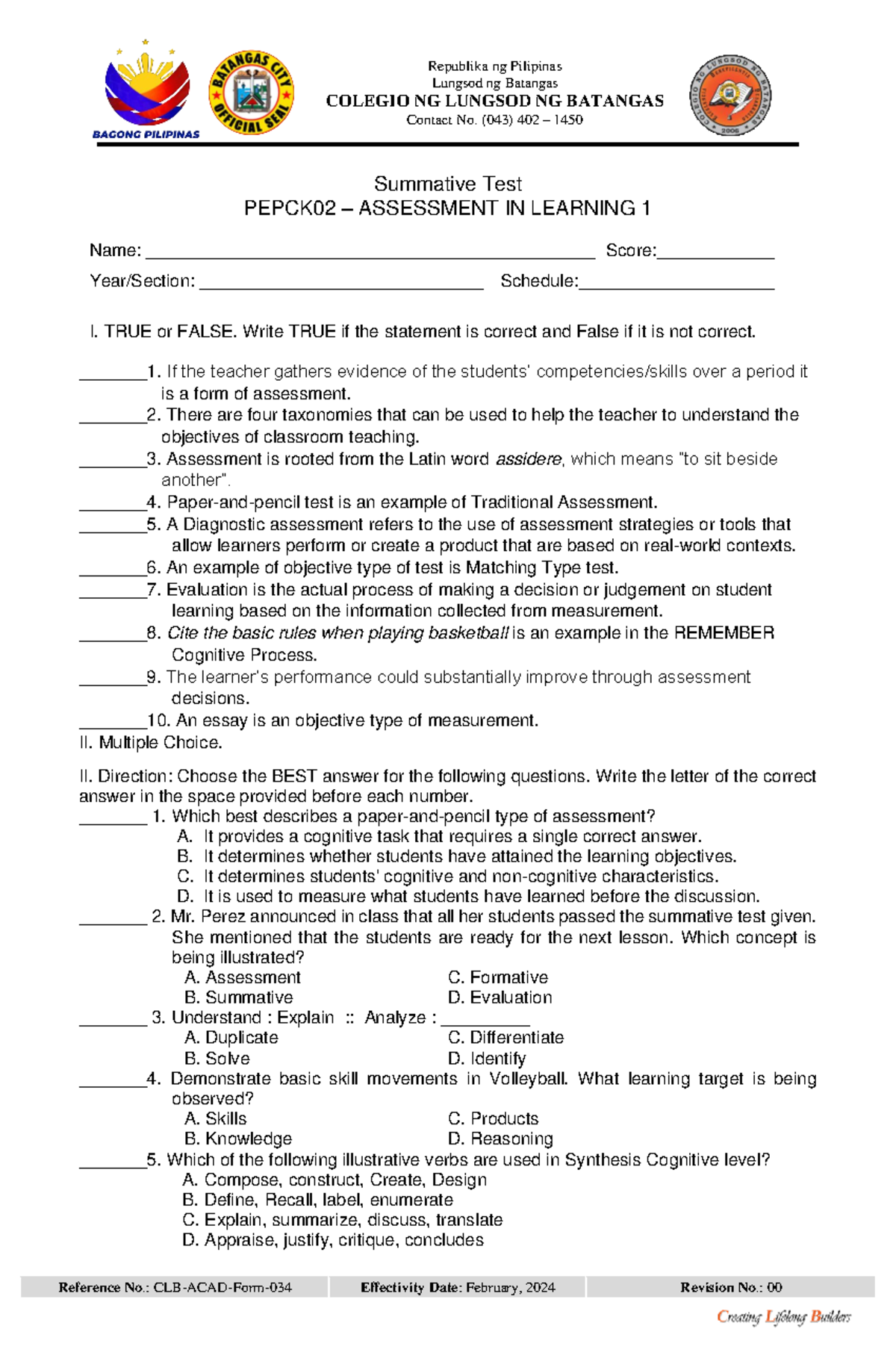 Assessment-in-Learning-1- ST1 - Reference No.: CLB-ACAD-Form- 034 ...